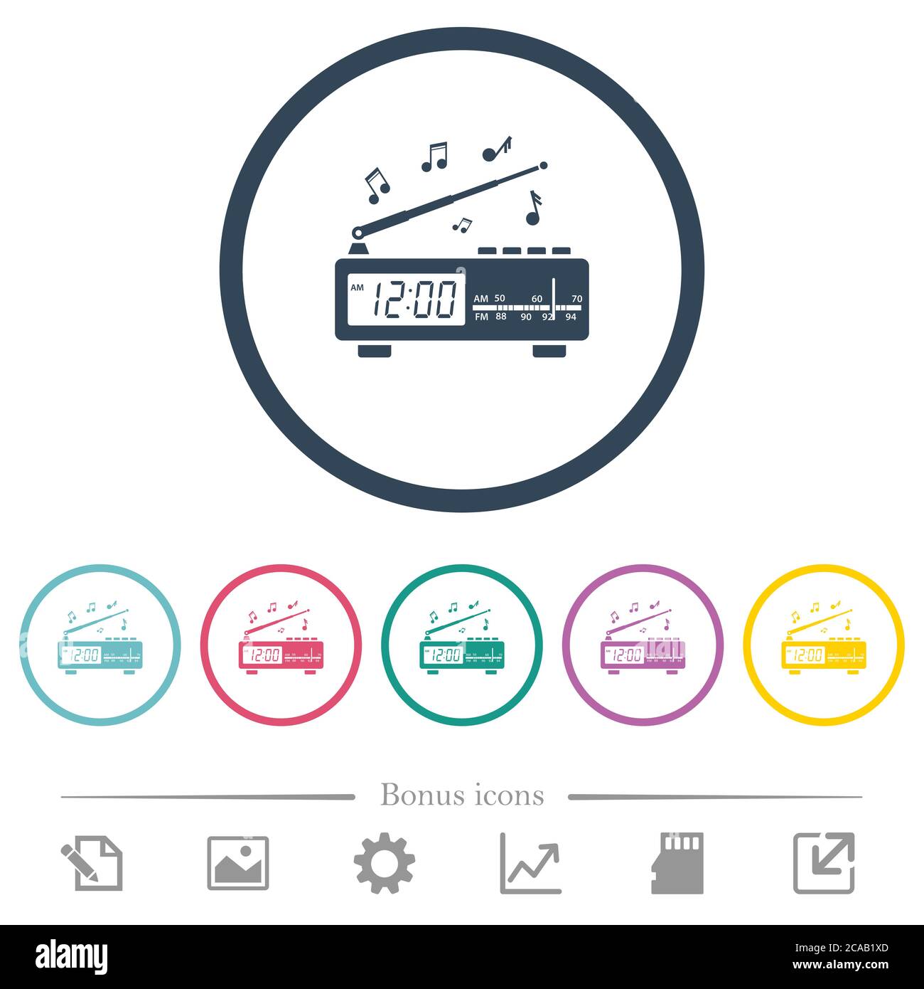Vintage radio clock with music flat color icons in round outlines. 6 ...