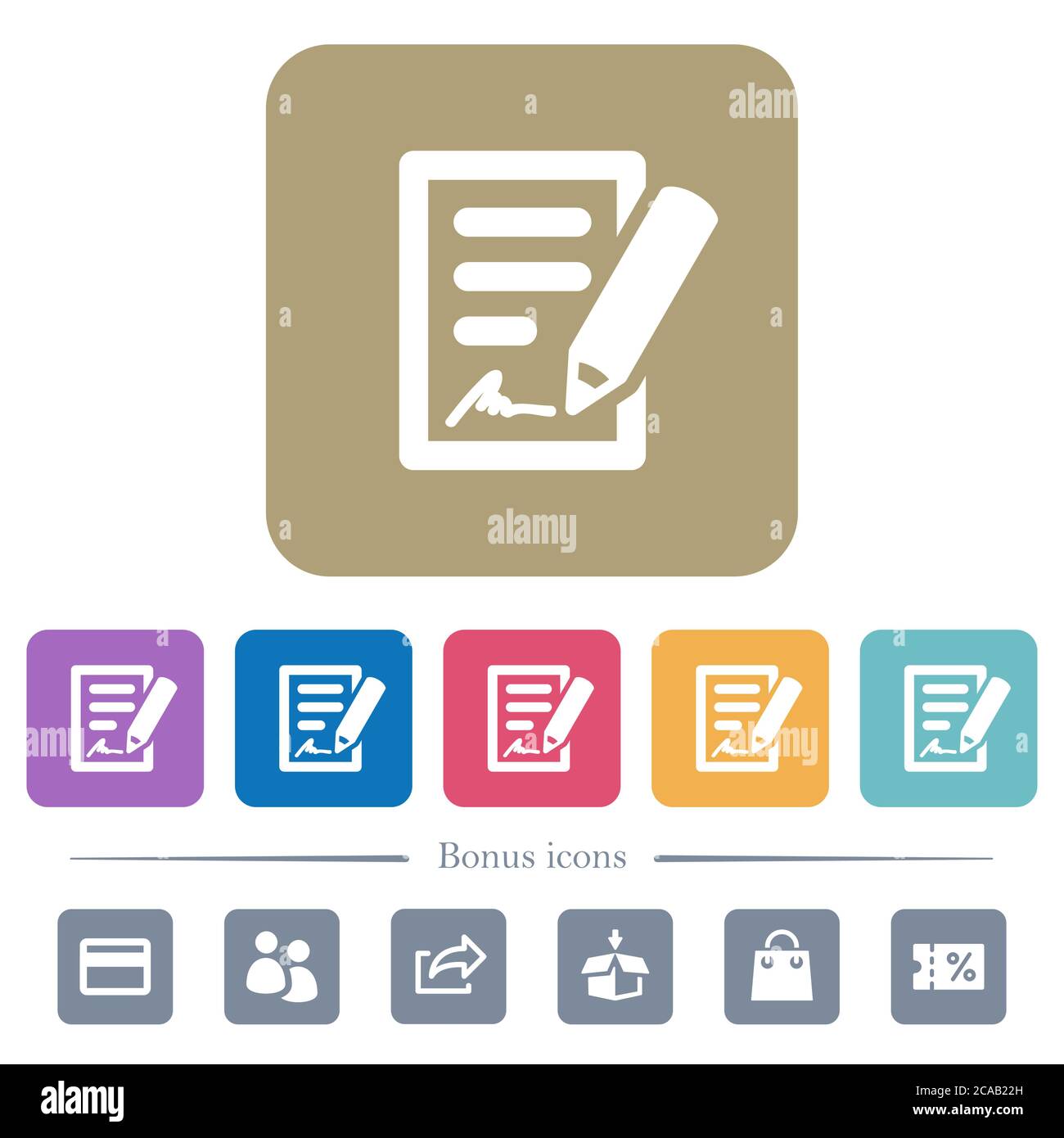 Signing contract white flat icons on color rounded square backgrounds ...