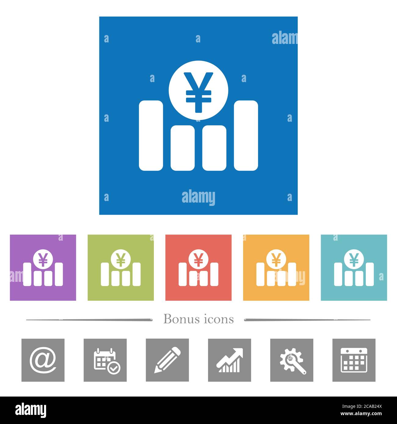 Yen financial graph flat white icons in square backgrounds. 6 bonus ...