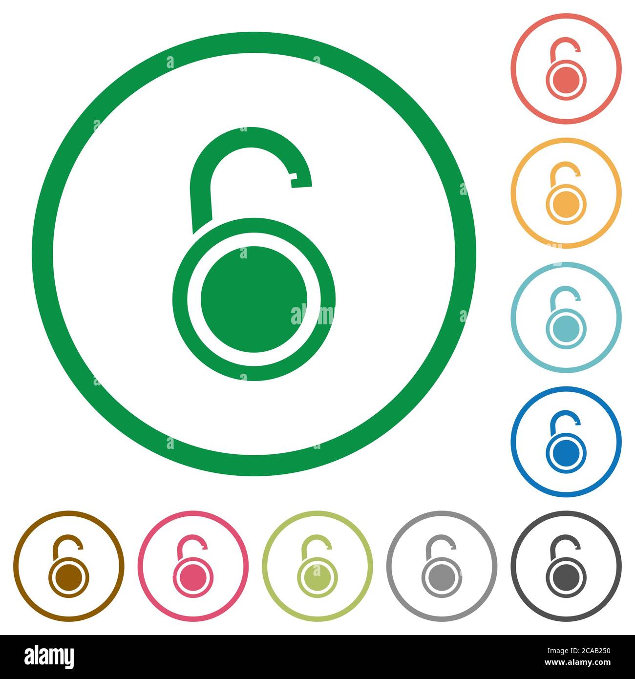 Unlocked round padlock flat color icons in round outlines on white ...