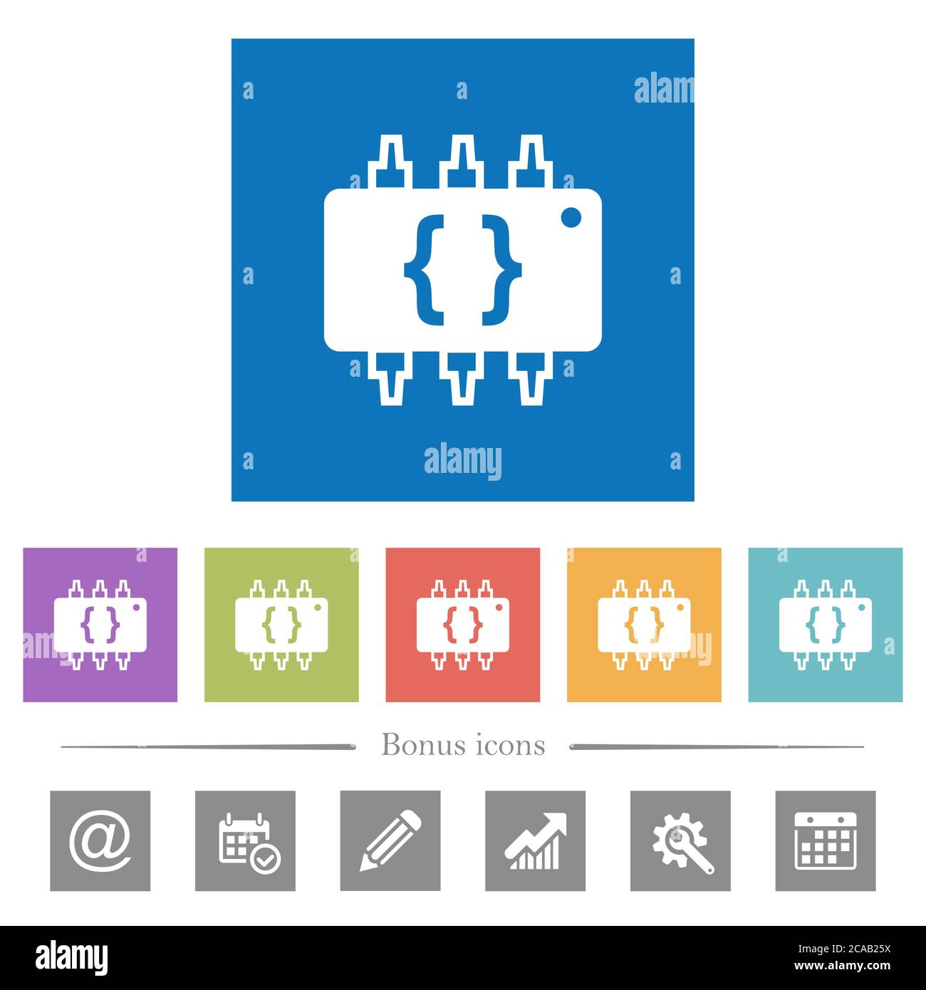 Hardware programming flat white icons in square backgrounds. 6 bonus ...