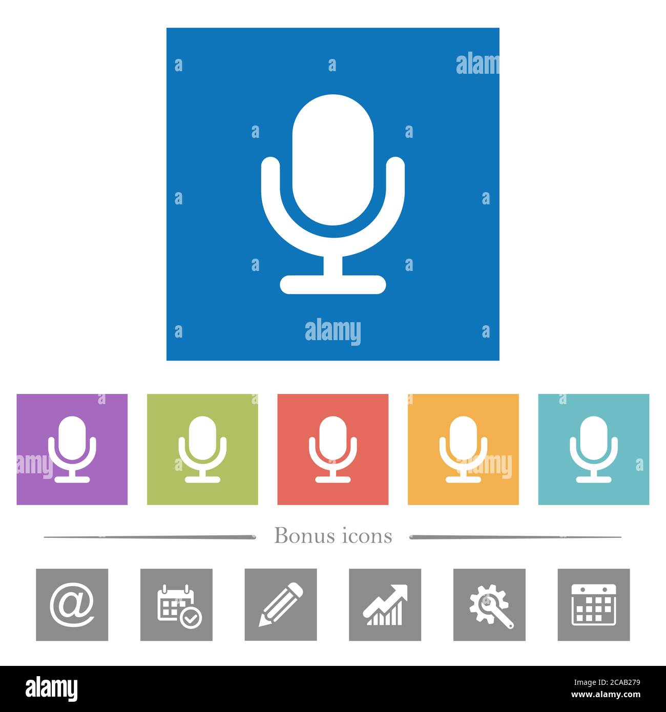 Single microphone flat white icons in square backgrounds. 6 bonus icons ...