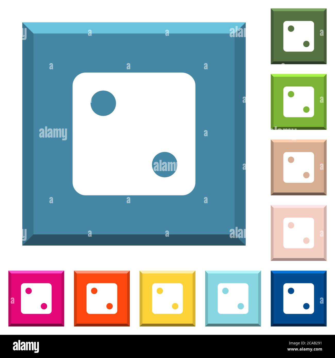 Dice two white icons on edged square buttons in various trendy colors ...
