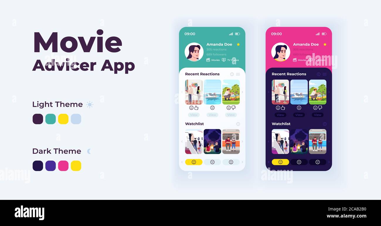 Movie advisor app cartoon smartphone interface vector templates set ...