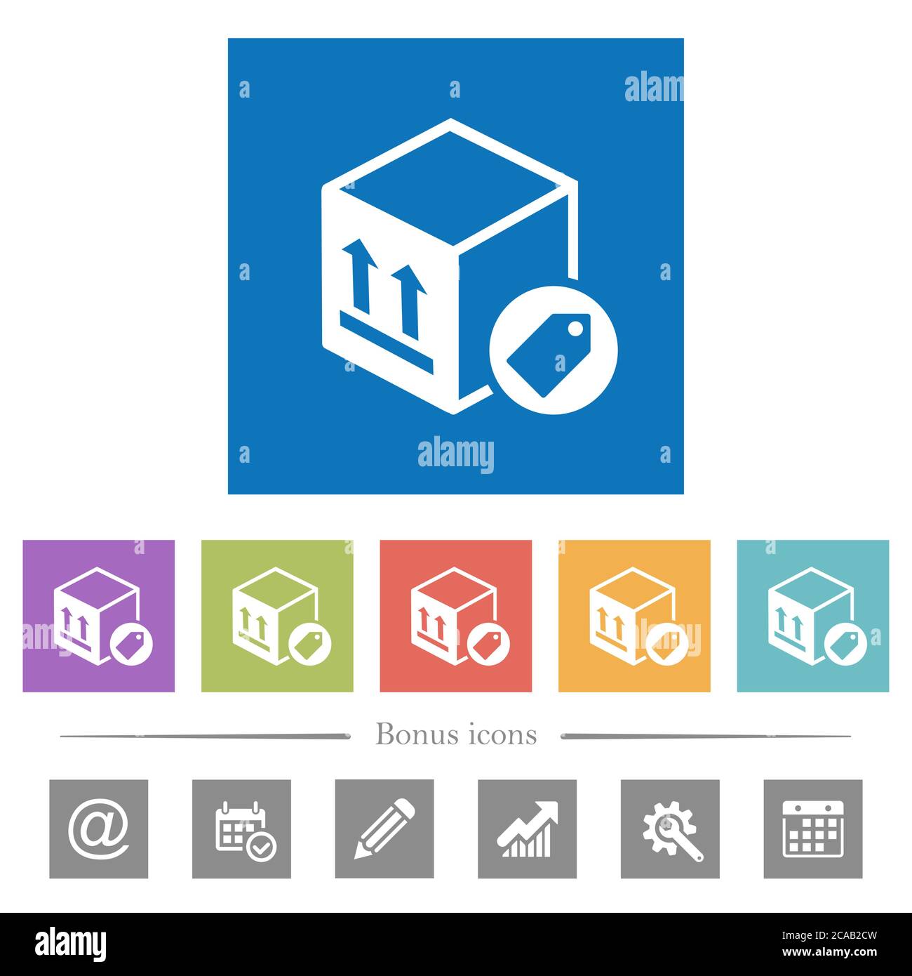 Package labeling flat white icons in square backgrounds. 6 bonus icons ...