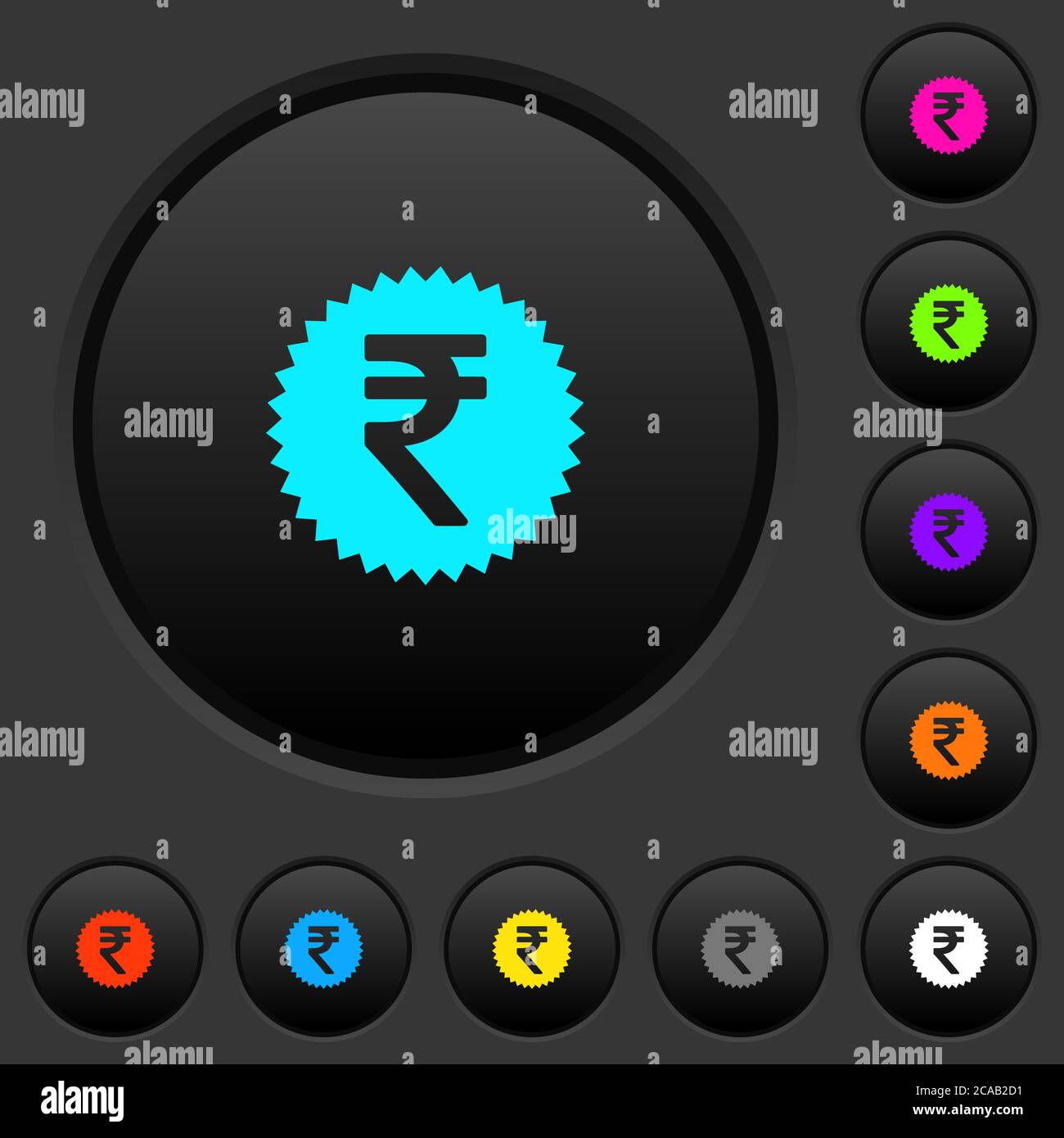 Indian Rupee sticker dark push buttons with vivid color icons on dark ...