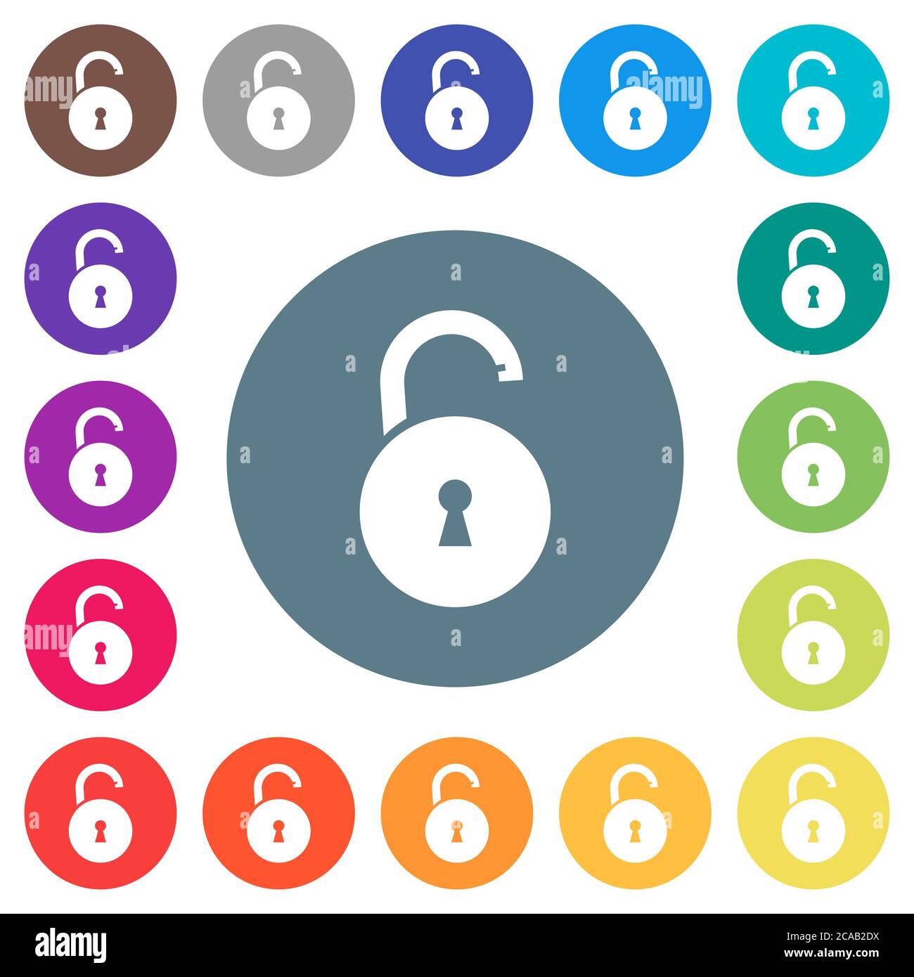 Unlocked round padlock with keyhole flat white icons on round color backgrounds. 17 background ...