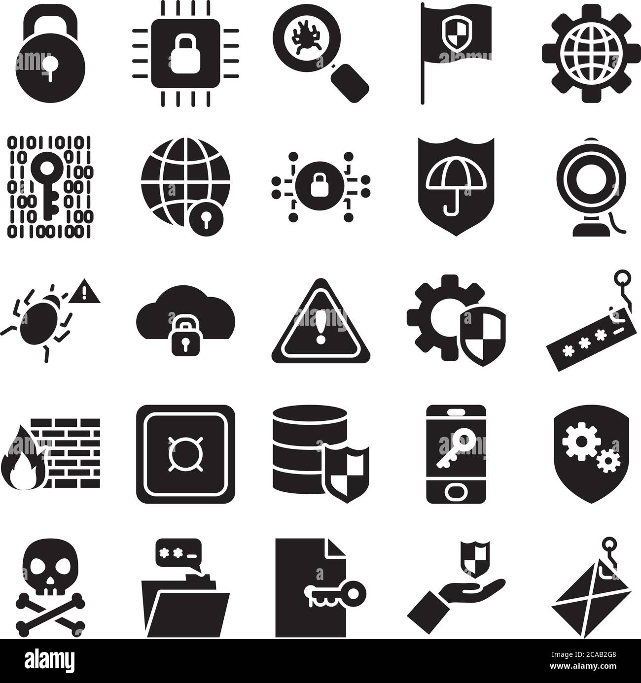 warning sign and cyber security icon set over white background ...