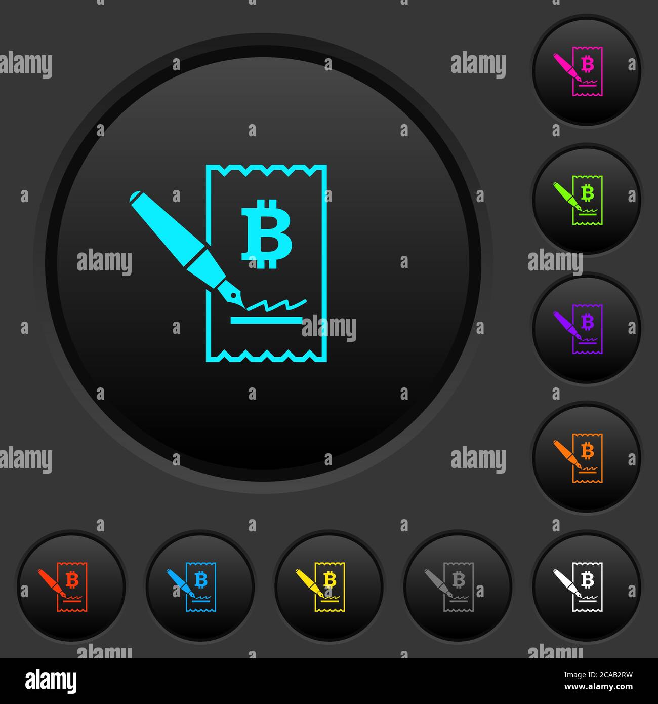 Signing Bitcoin cheque dark push buttons with vivid color icons on dark ...