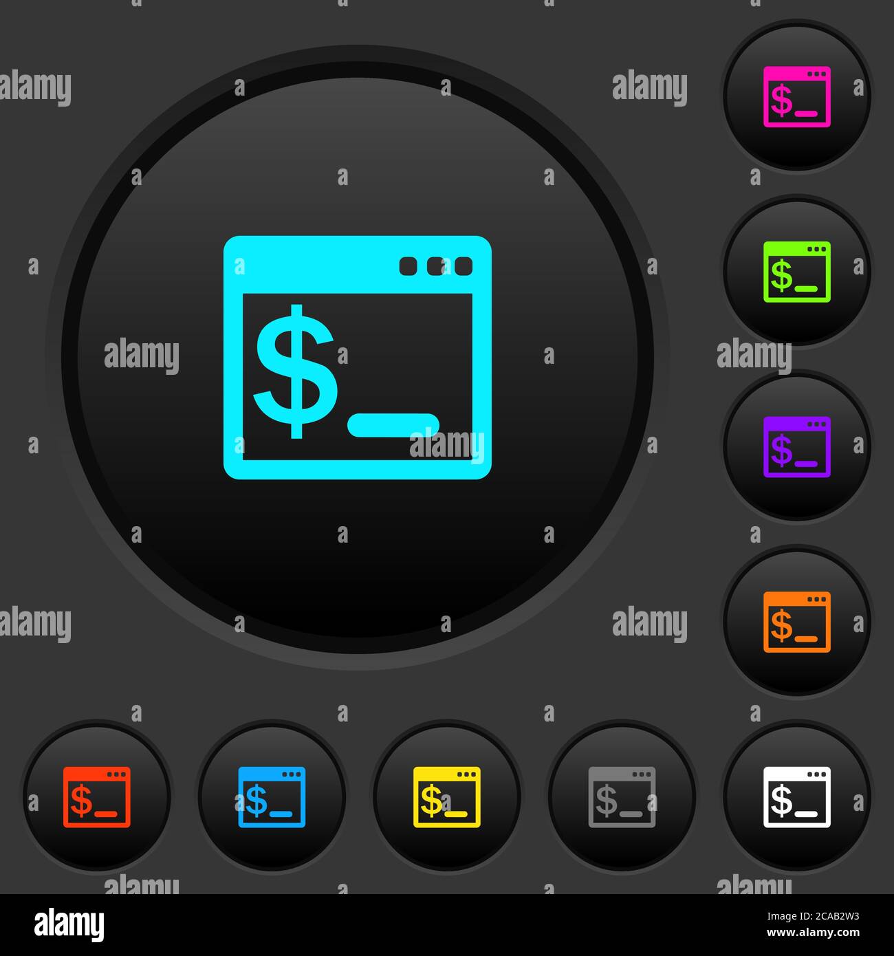 OS command terminal dark push buttons with vivid color icons on dark grey background Stock ...