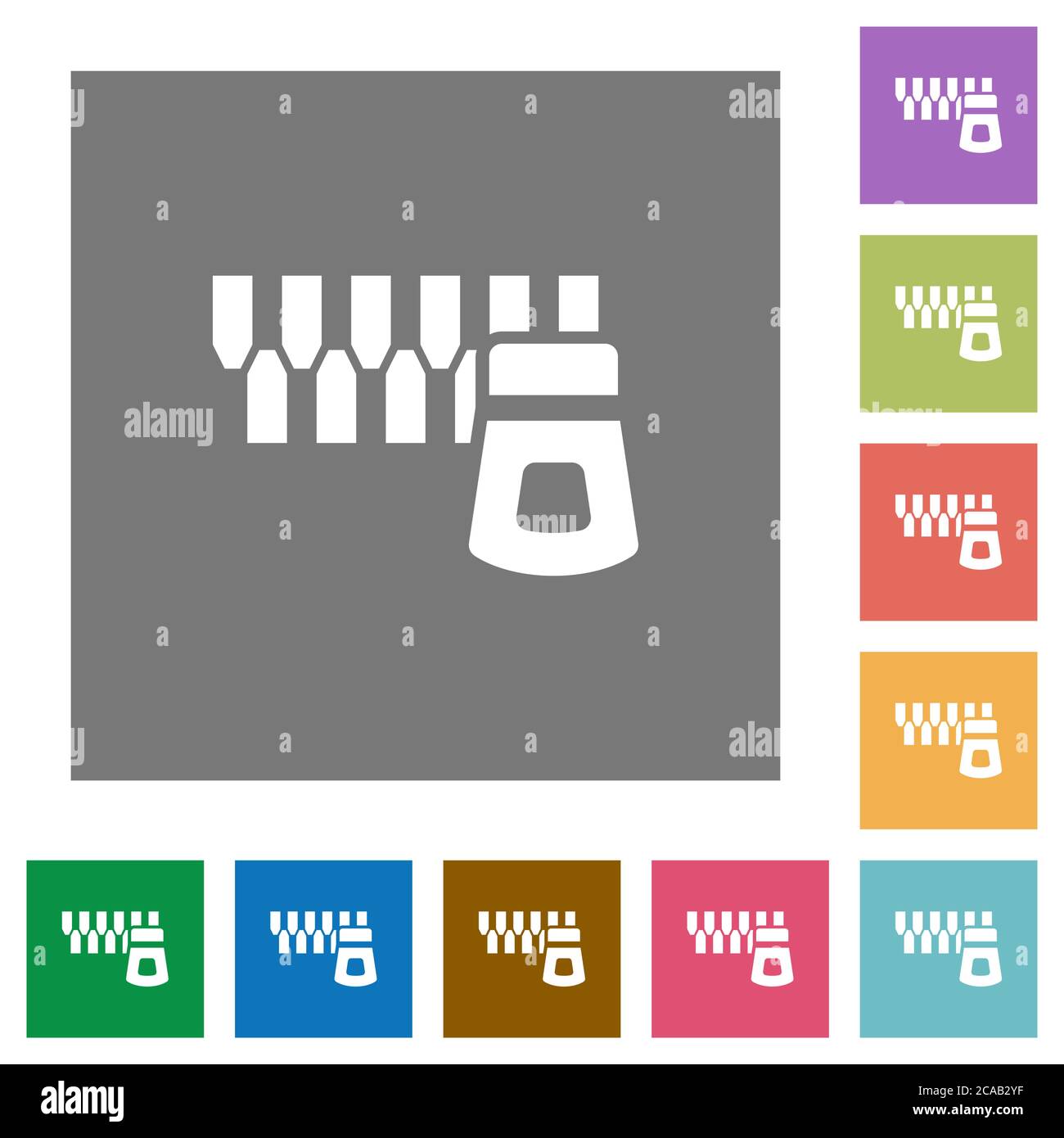 Horizontal zipper flat icons on simple color square backgrounds Stock ...