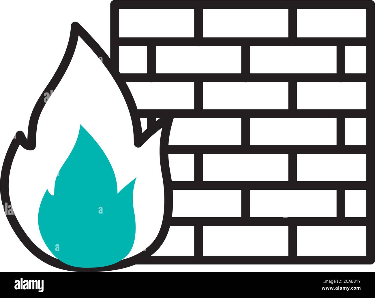 cyber security concept, firewall symbol, fire flame and wall over white ...
