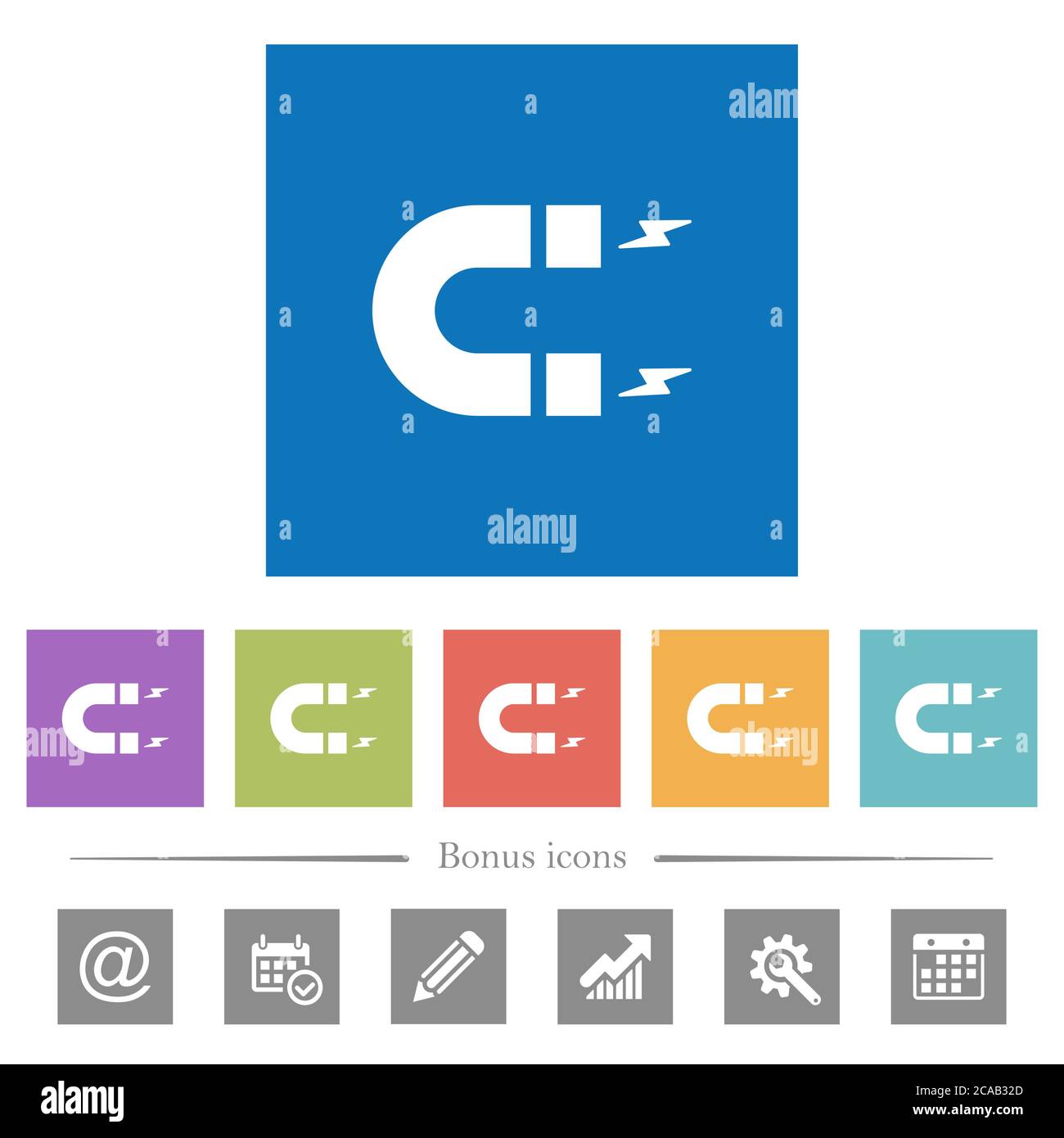Horseshoe magnet flat white icons in square backgrounds. 6 bonus icons ...