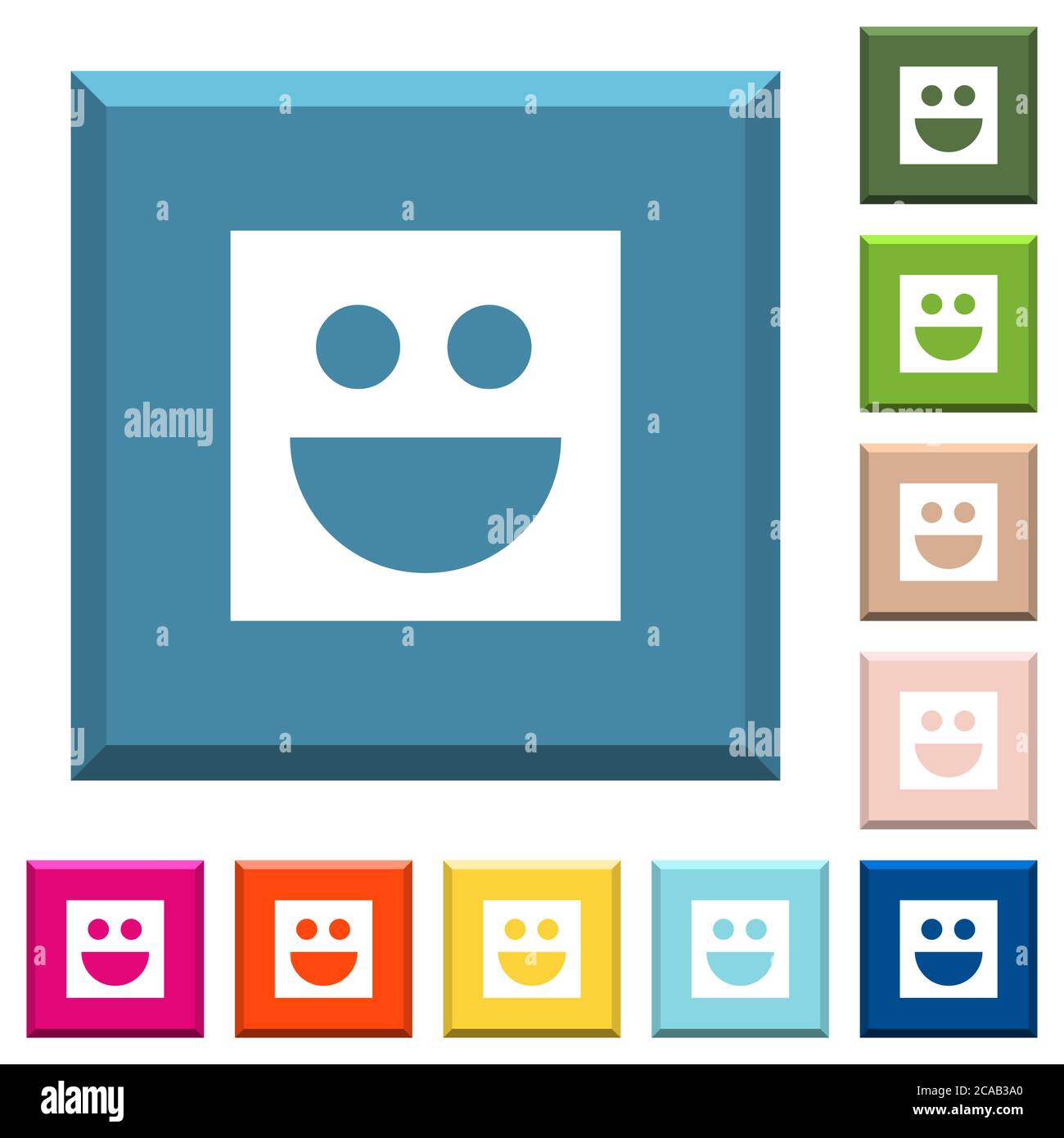 Smiley white icons on edged square buttons in various trendy colors ...