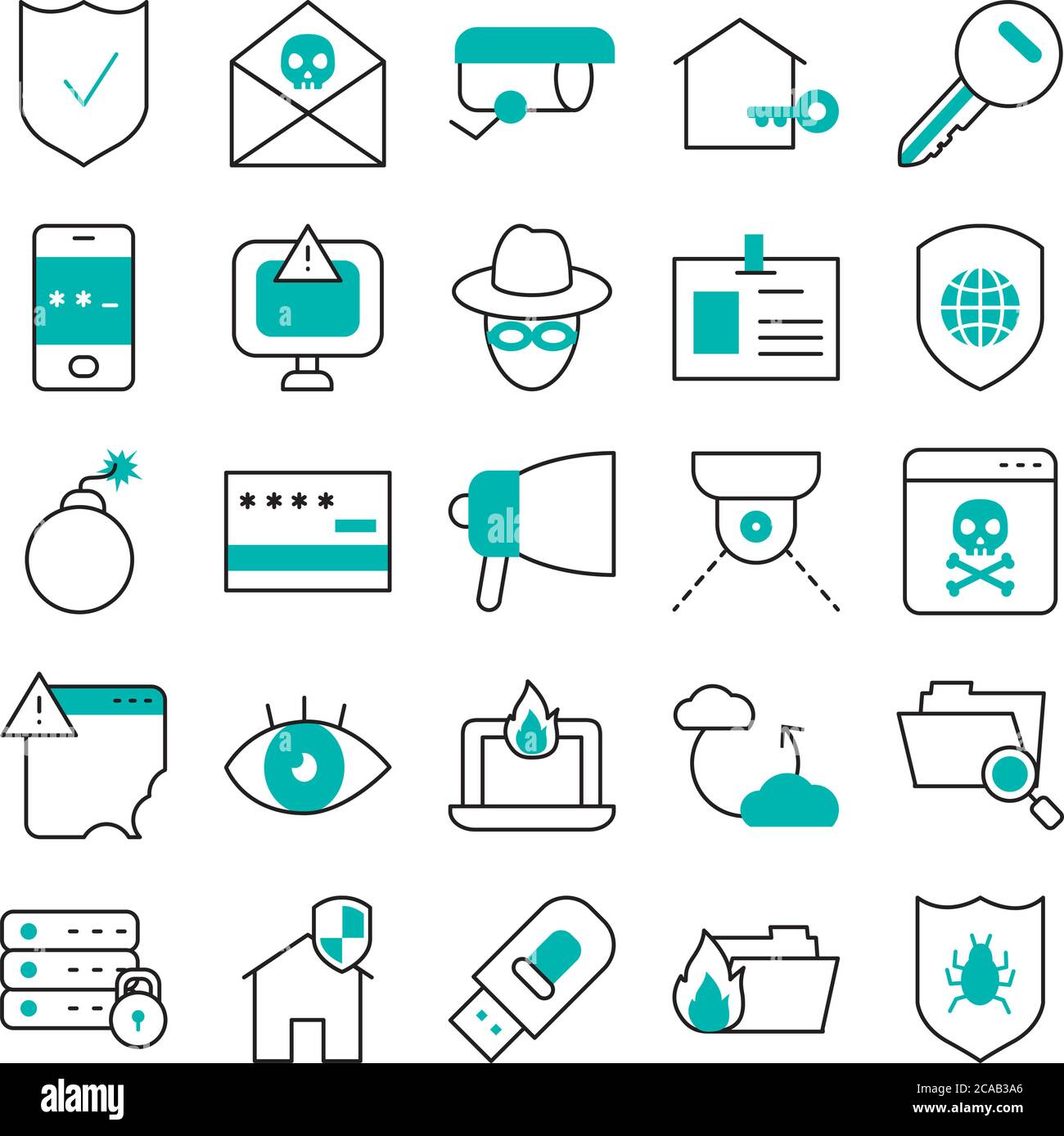 icon set of usb and cyber security over white background, half line ...