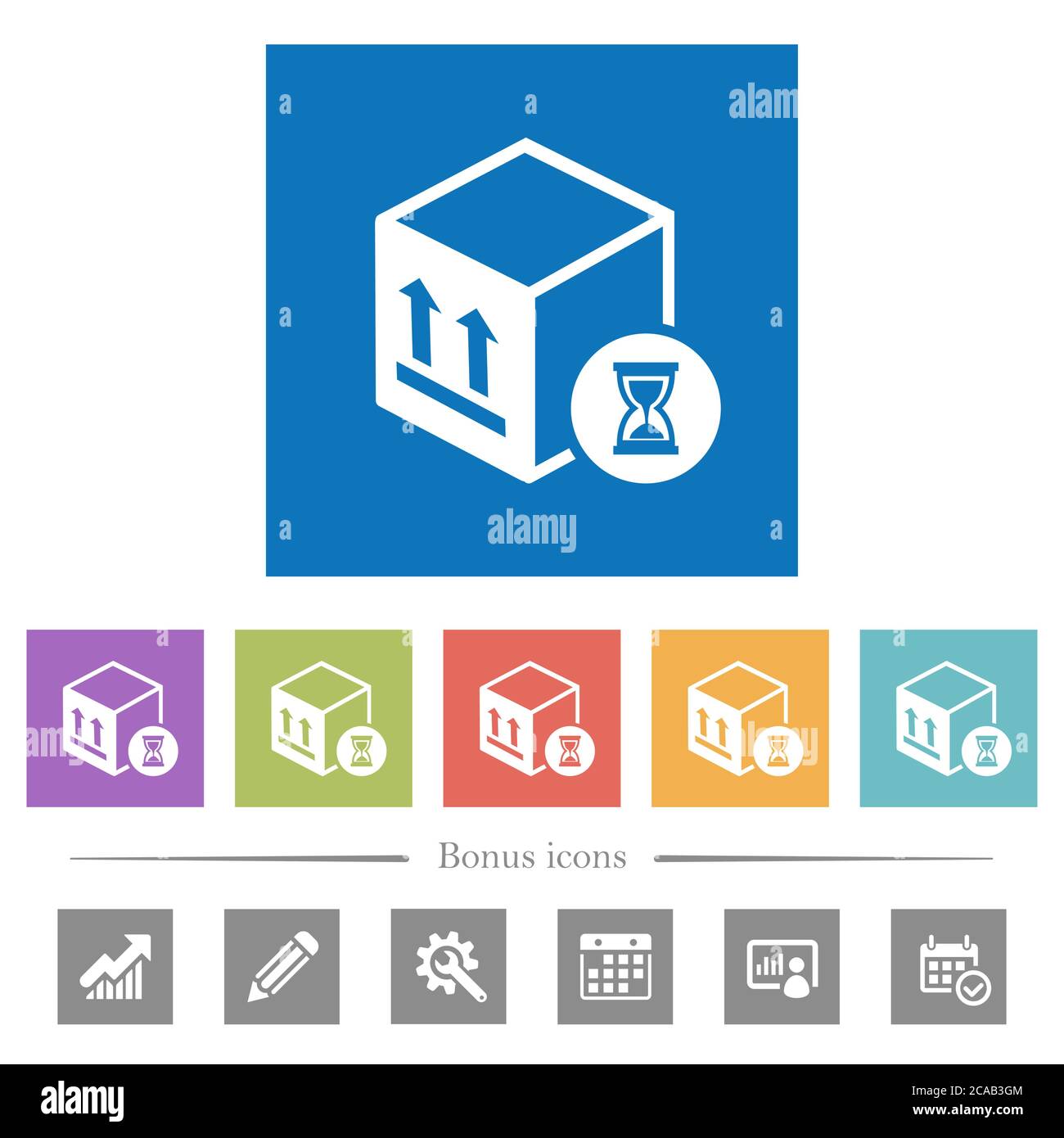 Package delivery in progress flat white icons in square backgrounds. 6 ...