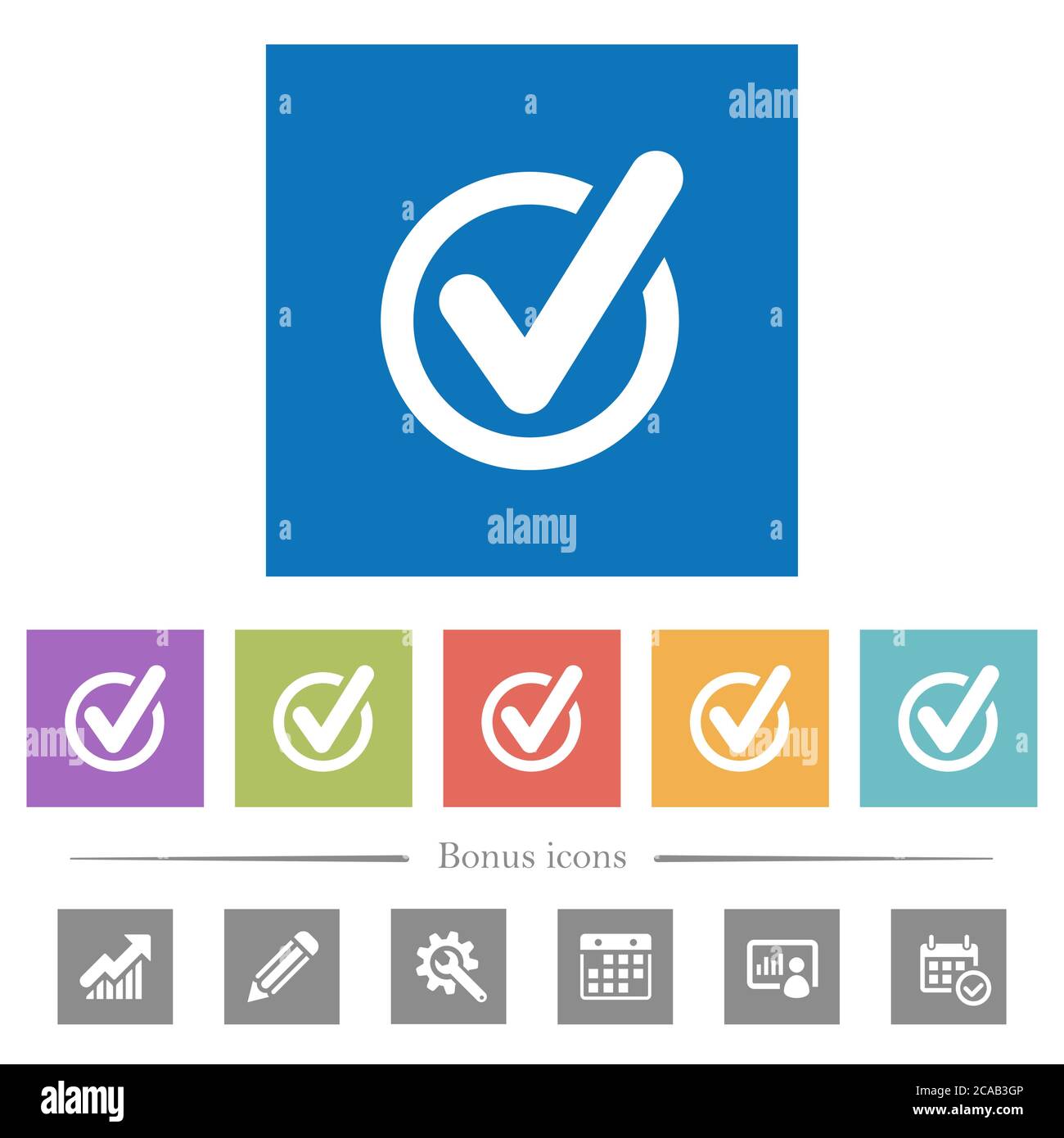 Checked data flat white icons in square backgrounds. 6 bonus icons ...