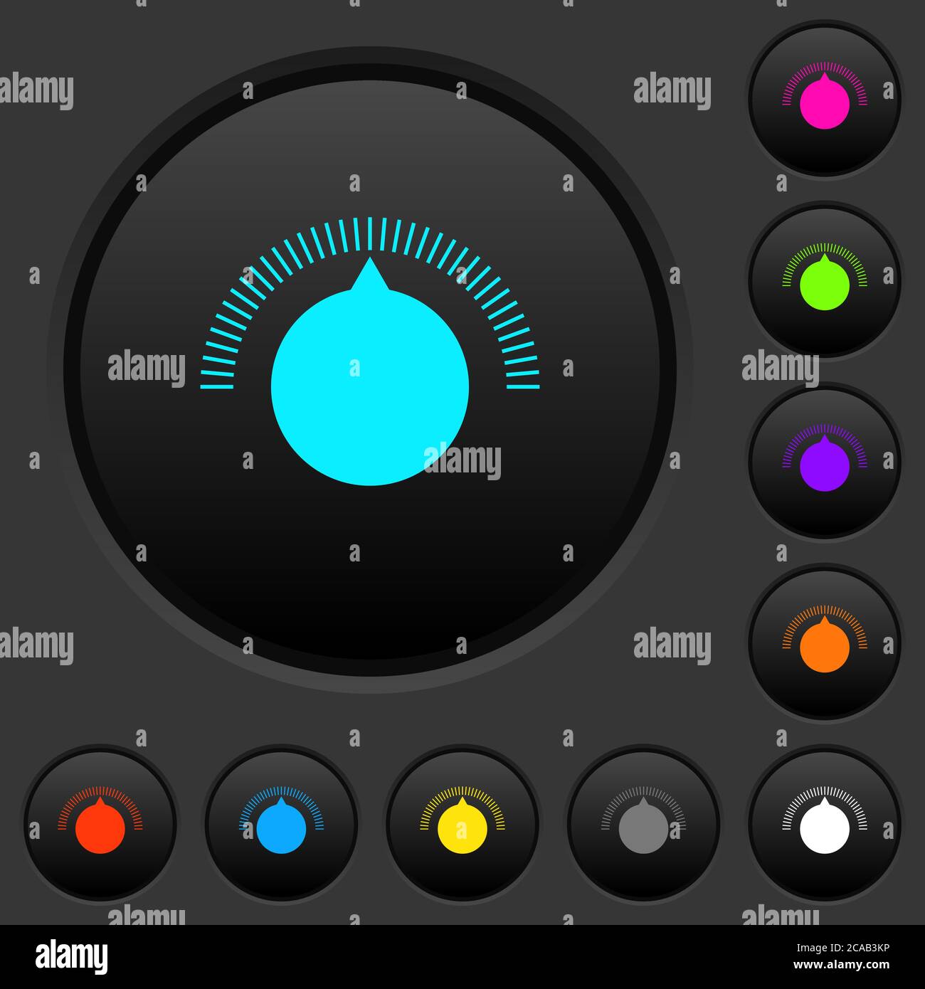 Volume control dark push buttons with vivid color icons on dark grey ...