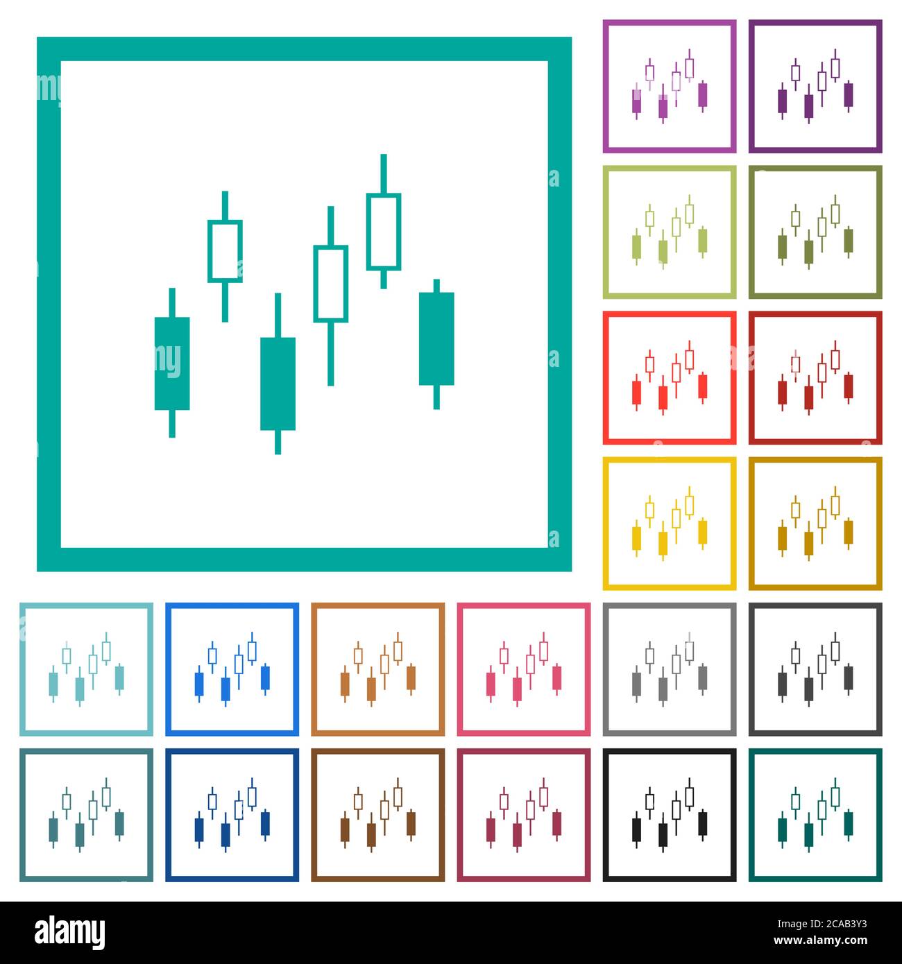 Candlestick chart flat color icons with quadrant frames on white ...