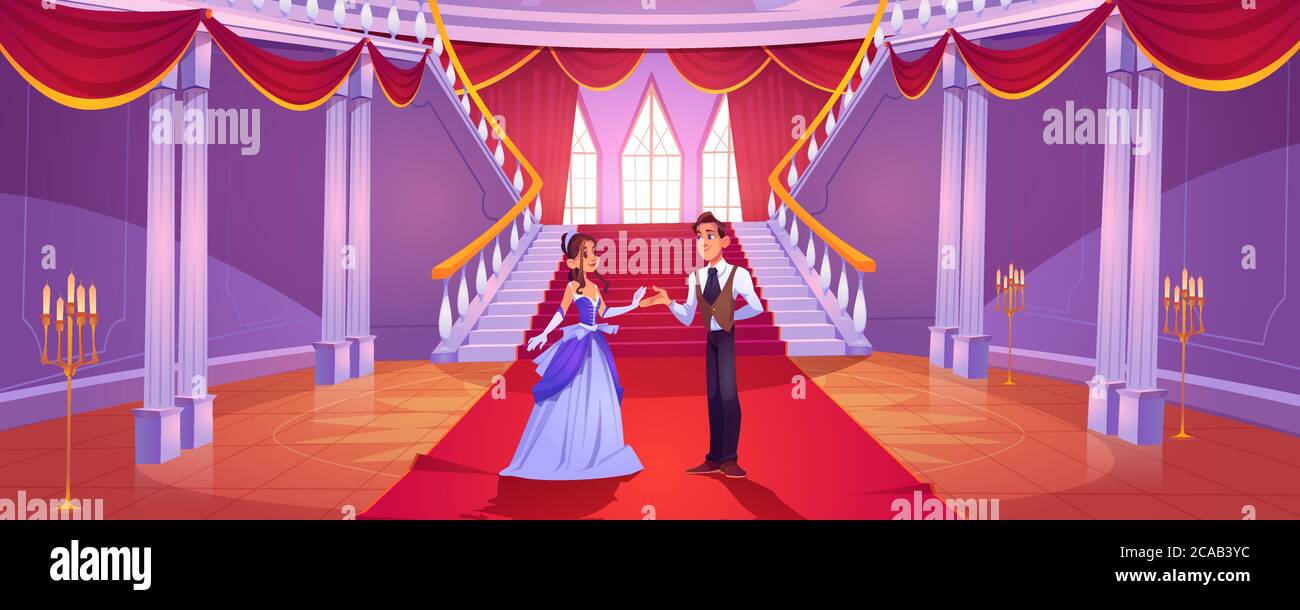 Prince and princess in royal castle hall. Vector cartoon background ...
