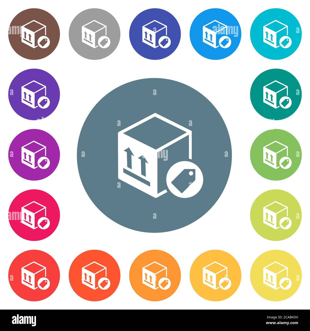 Package labeling flat white icons on round color backgrounds. 17 ...