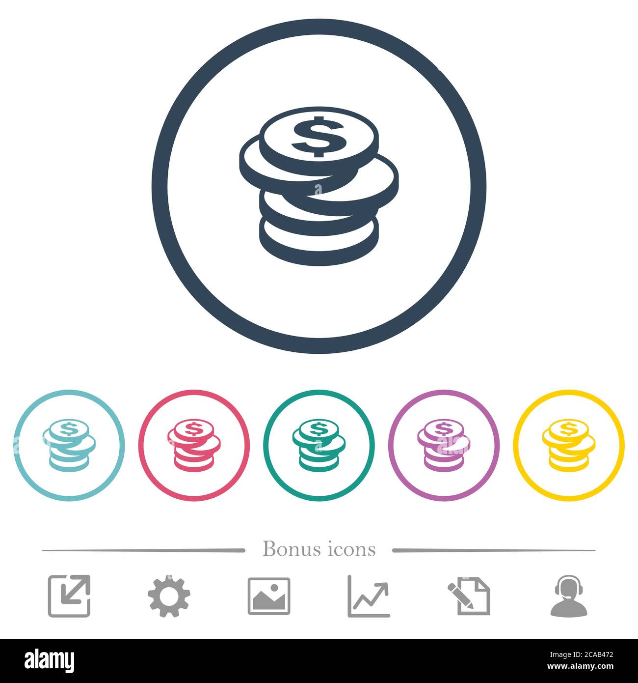 Stack of Dollar coins flat color icons in round outlines. 6 bonus icons ...