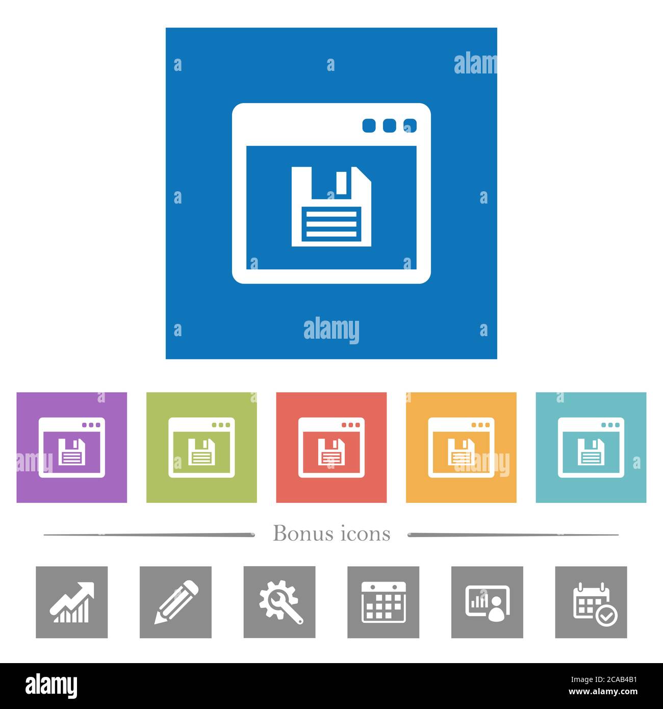 Save application flat white icons in square backgrounds. 6 bonus icons ...
