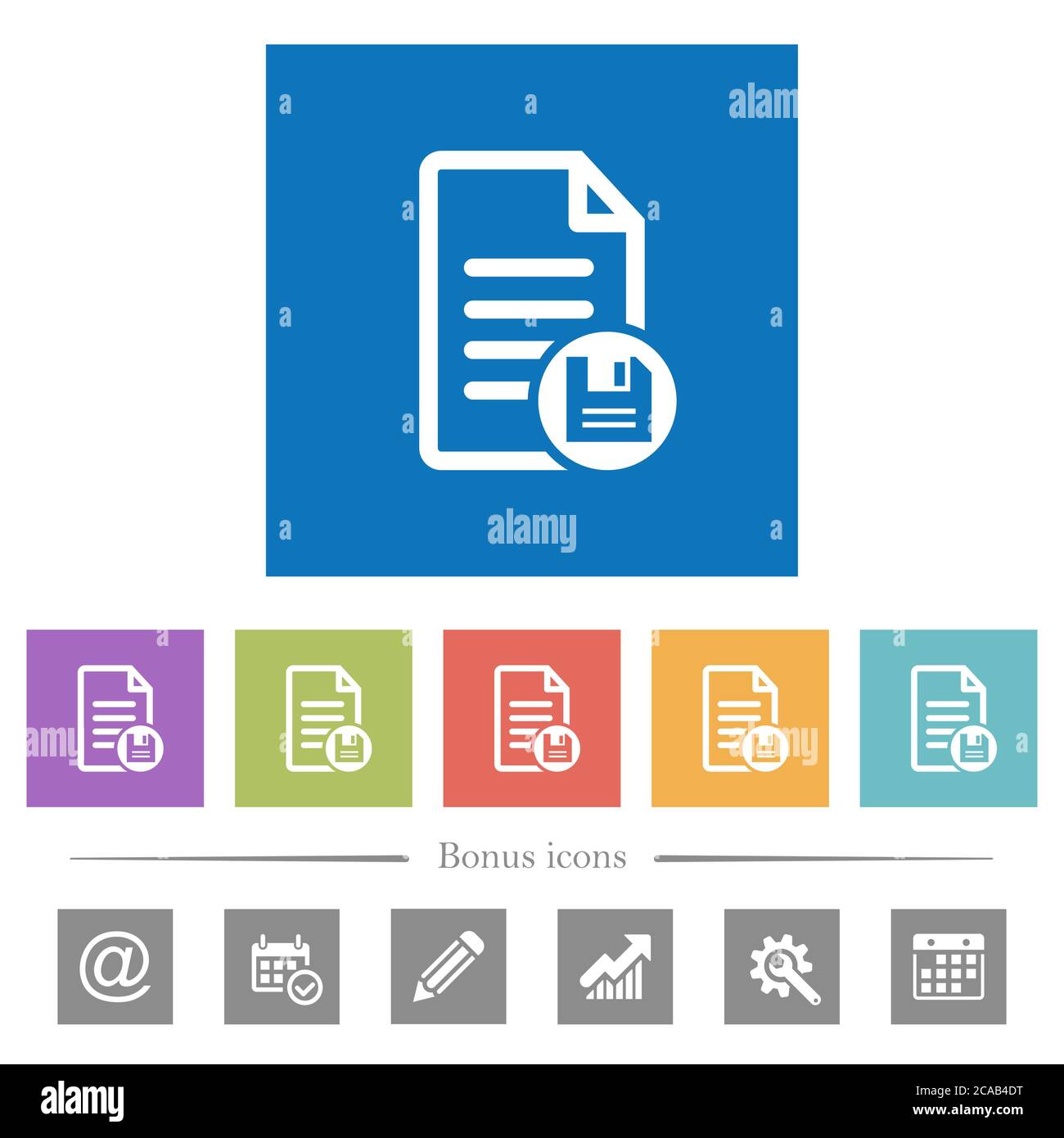 Save document flat white icons in square backgrounds. 6 bonus icons ...