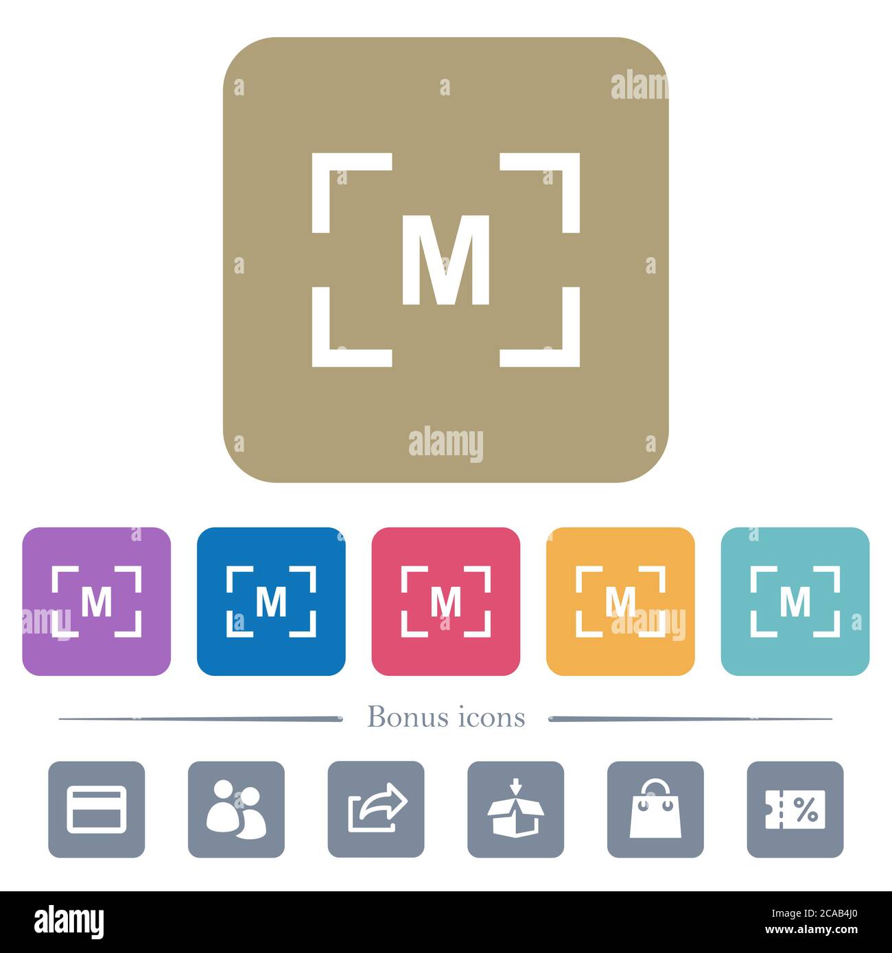 Camera manual settings mode white flat icons on color rounded square backgrounds. 6 bonus icons ...