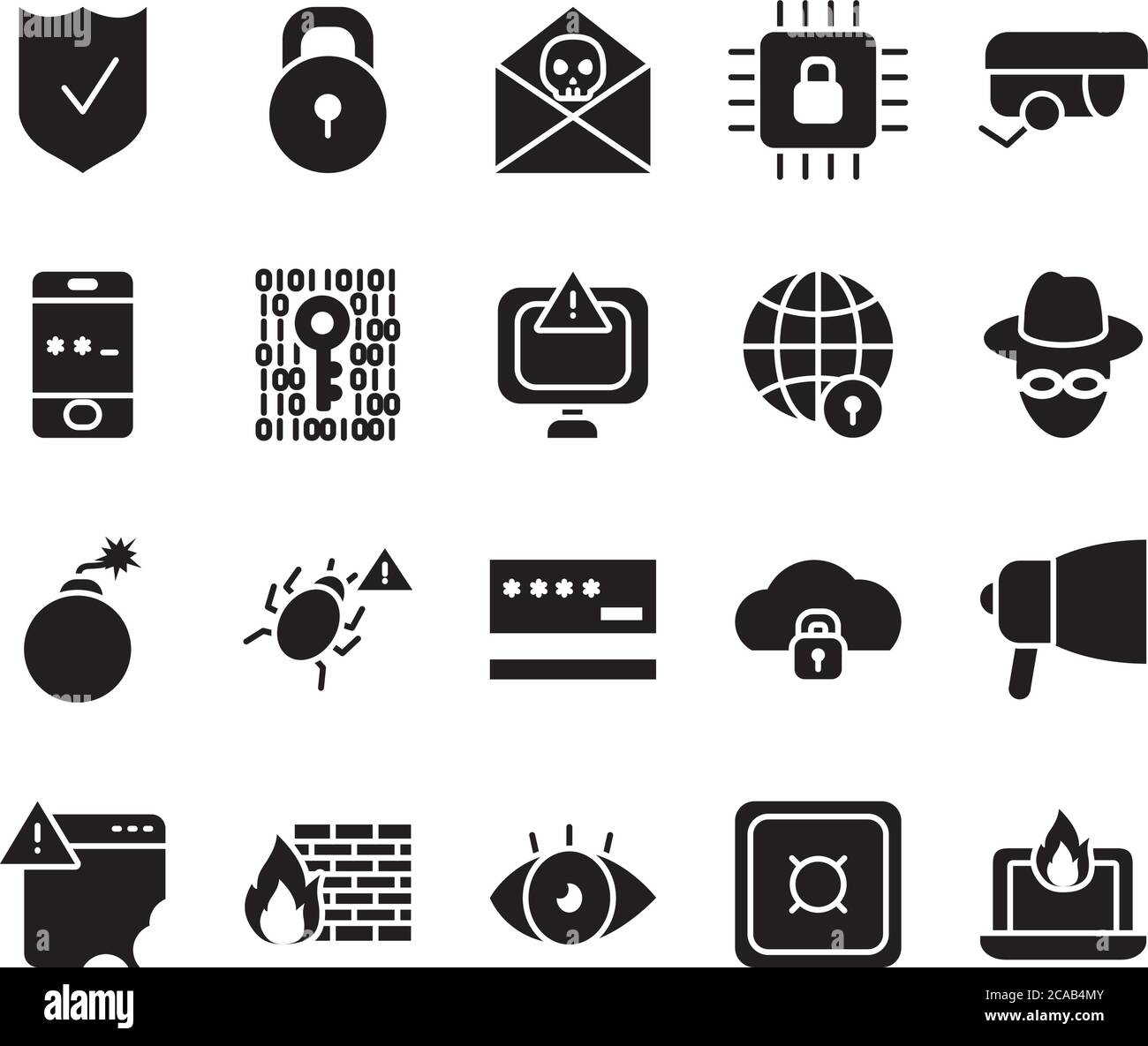 hacker and cyber security icon set over white background, silhouette ...