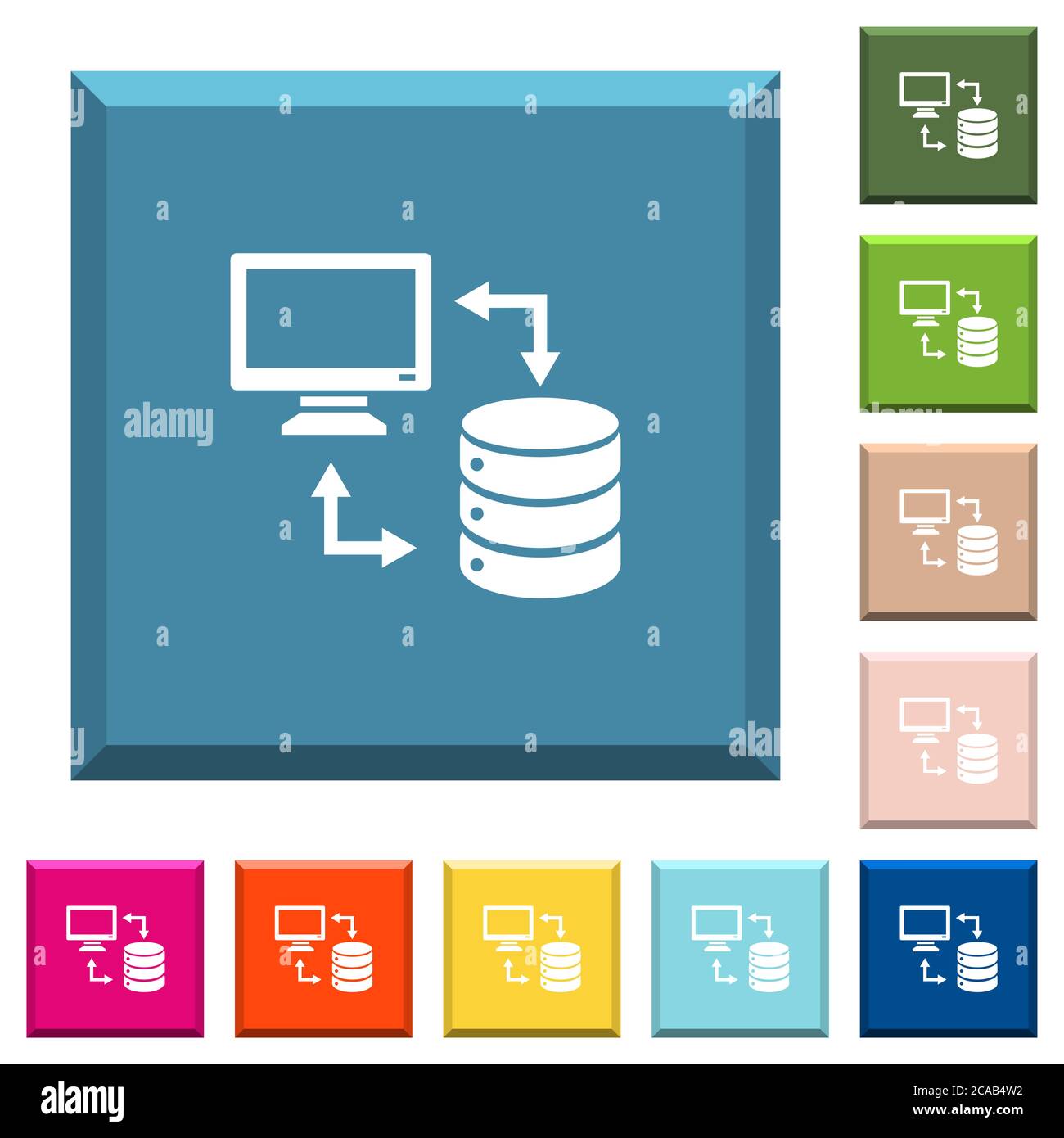 Syncronize data with database white icons on edged square buttons in various trendy colors Stock ...