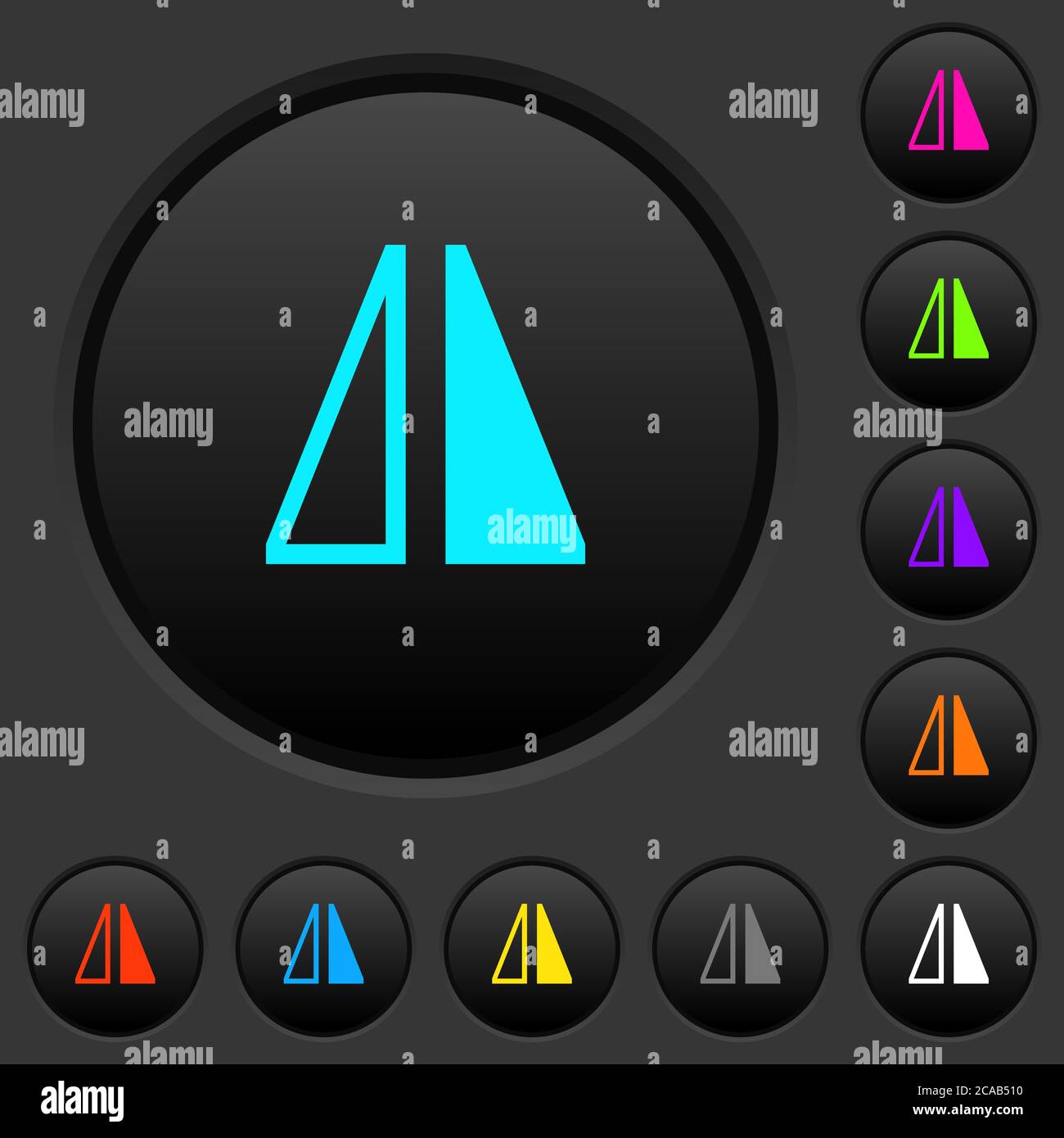 Flip horizontal dark push buttons with vivid color icons on dark grey ...
