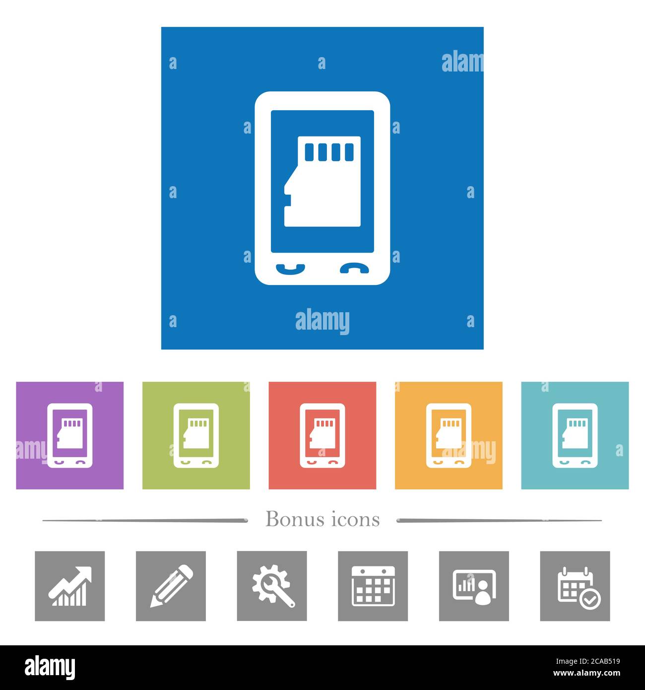Mobile memory card flat white icons in square backgrounds. 6 bonus ...