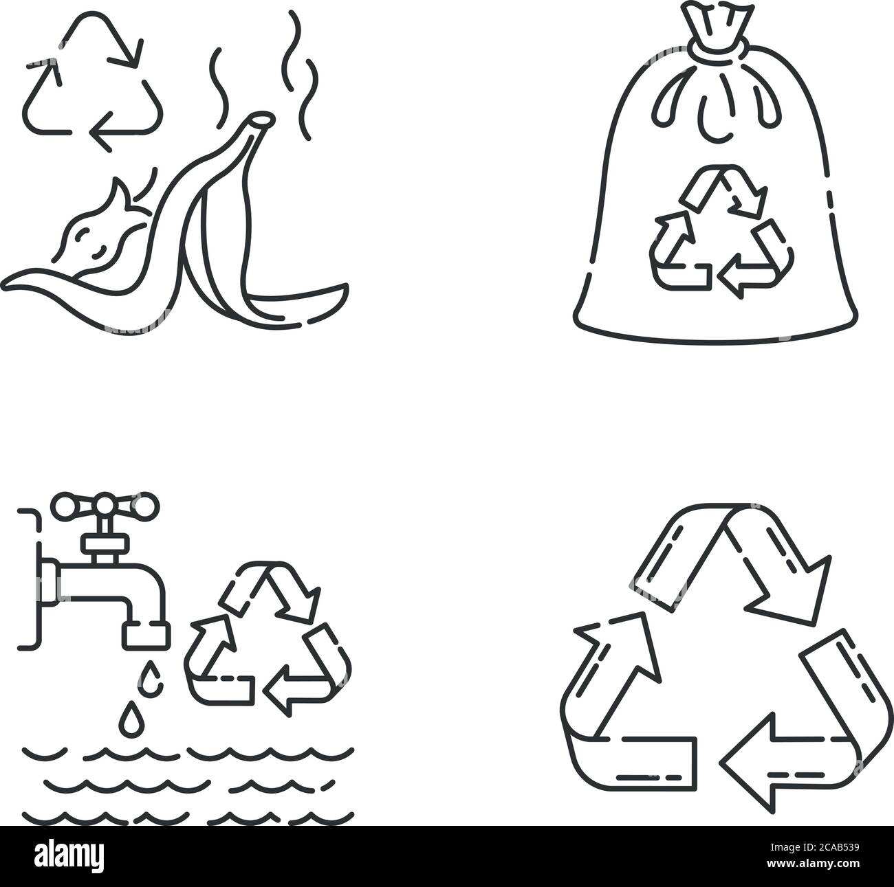 Zero waste tips linear icons set. Food waste recycling, compostable ...