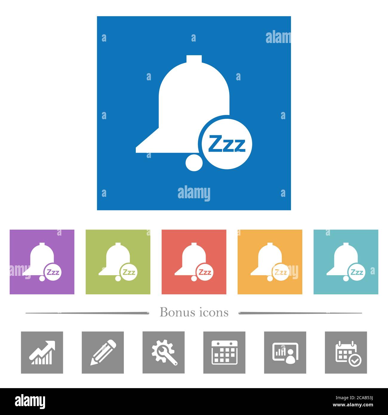 Reminder snooze flat white icons in square backgrounds. 6 bonus icons ...