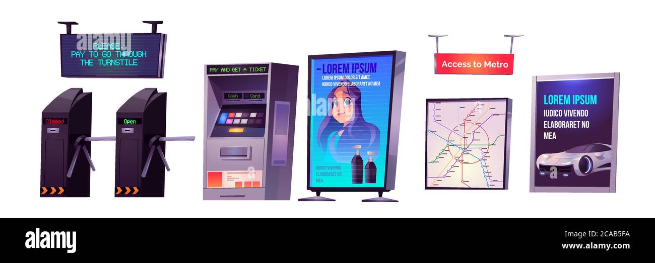 Entrance to metro station with turnstile, ticket machine and subway map ...