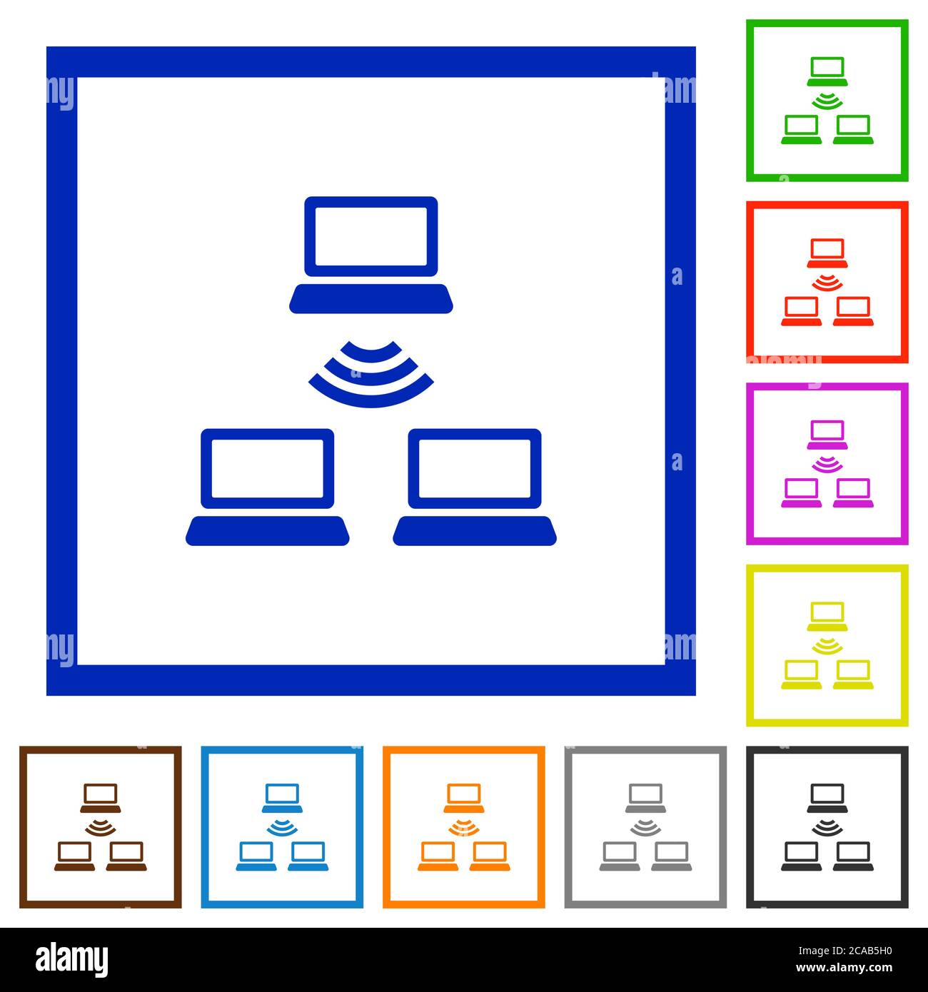 Wireless network flat color icons in square frames on white background ...