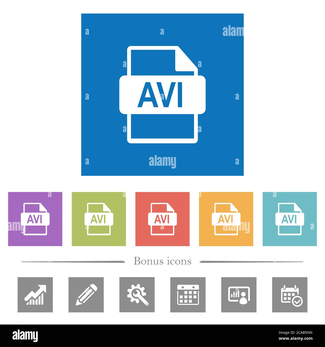 AVI file format flat white icons in square backgrounds. 6 bonus icons ...
