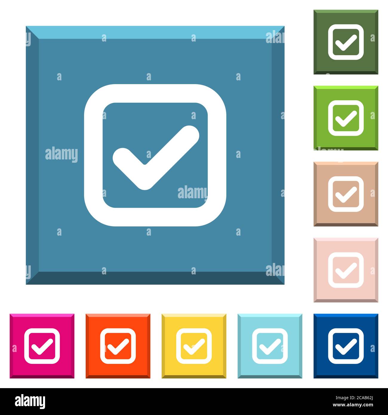 Checkbox white icons on edged square buttons in various trendy colors ...
