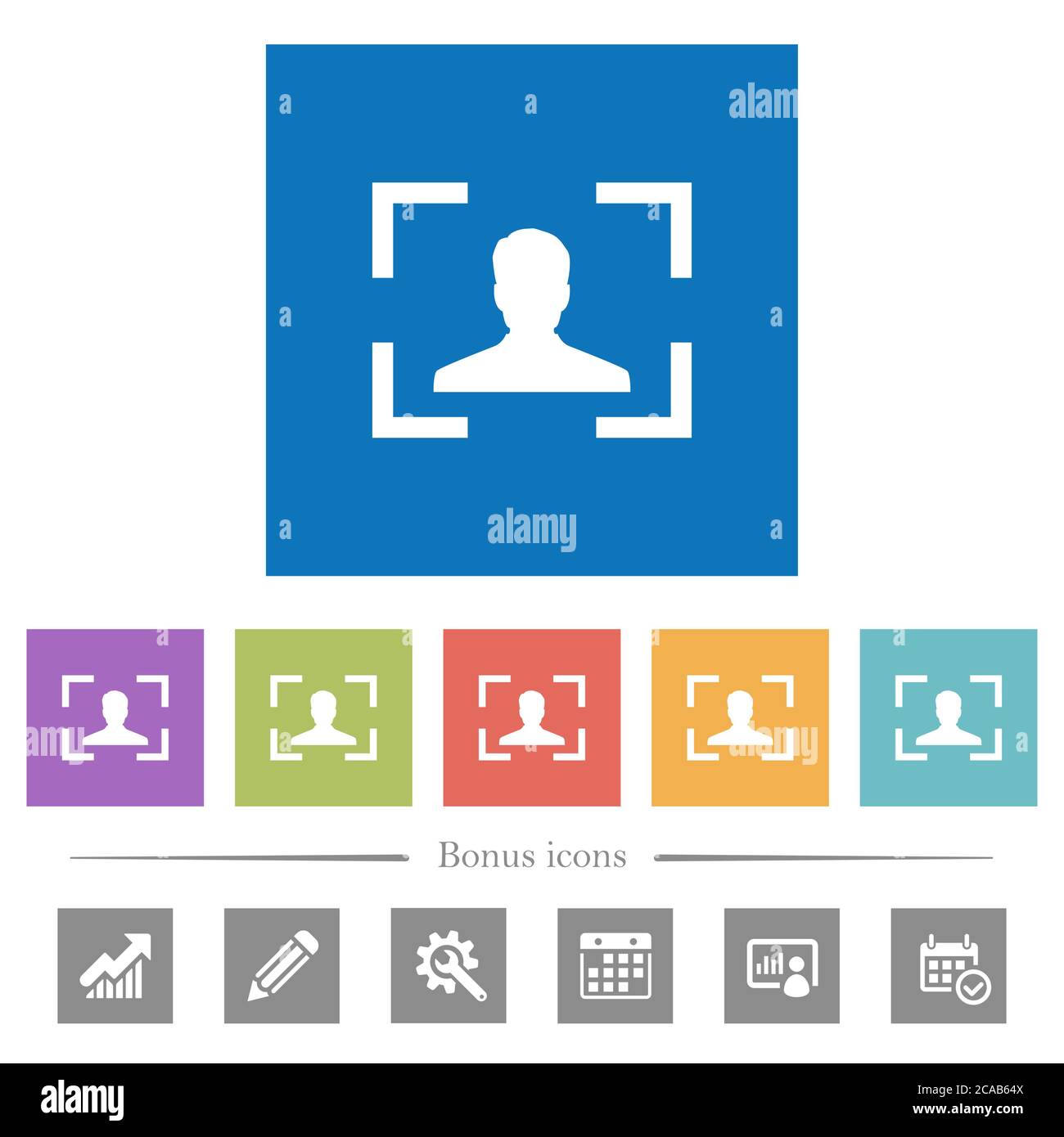 Camera portrait mode flat white icons in square backgrounds. 6 bonus ...