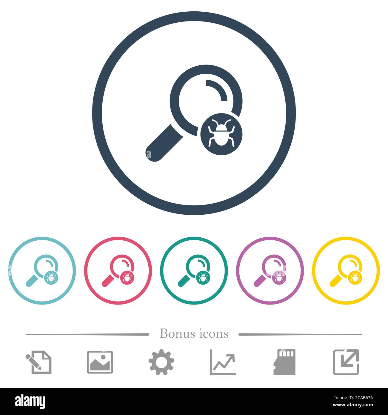 Scanning for malware flat color icons in round outlines. 6 bonus icons ...