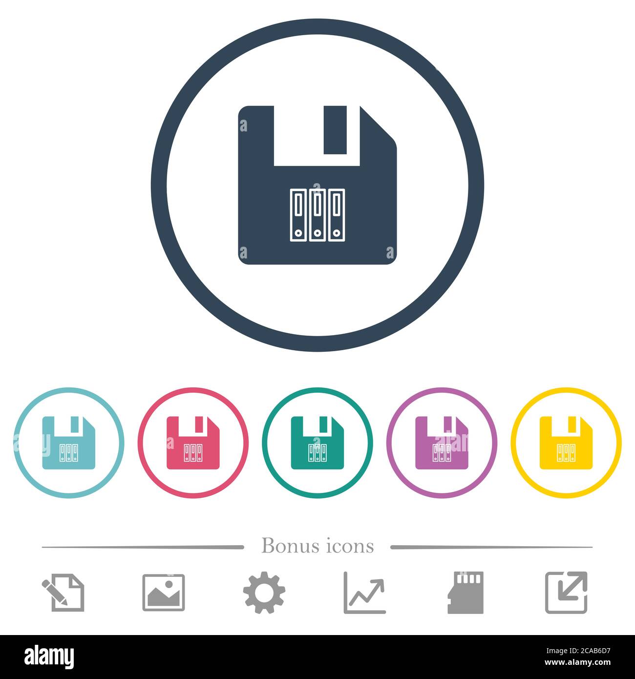 Archive file flat color icons in round outlines. 6 bonus icons included ...