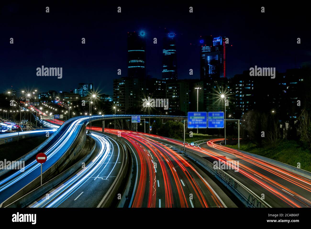 A long exposure lights over a highway at night in Madrid Stock Photo ...