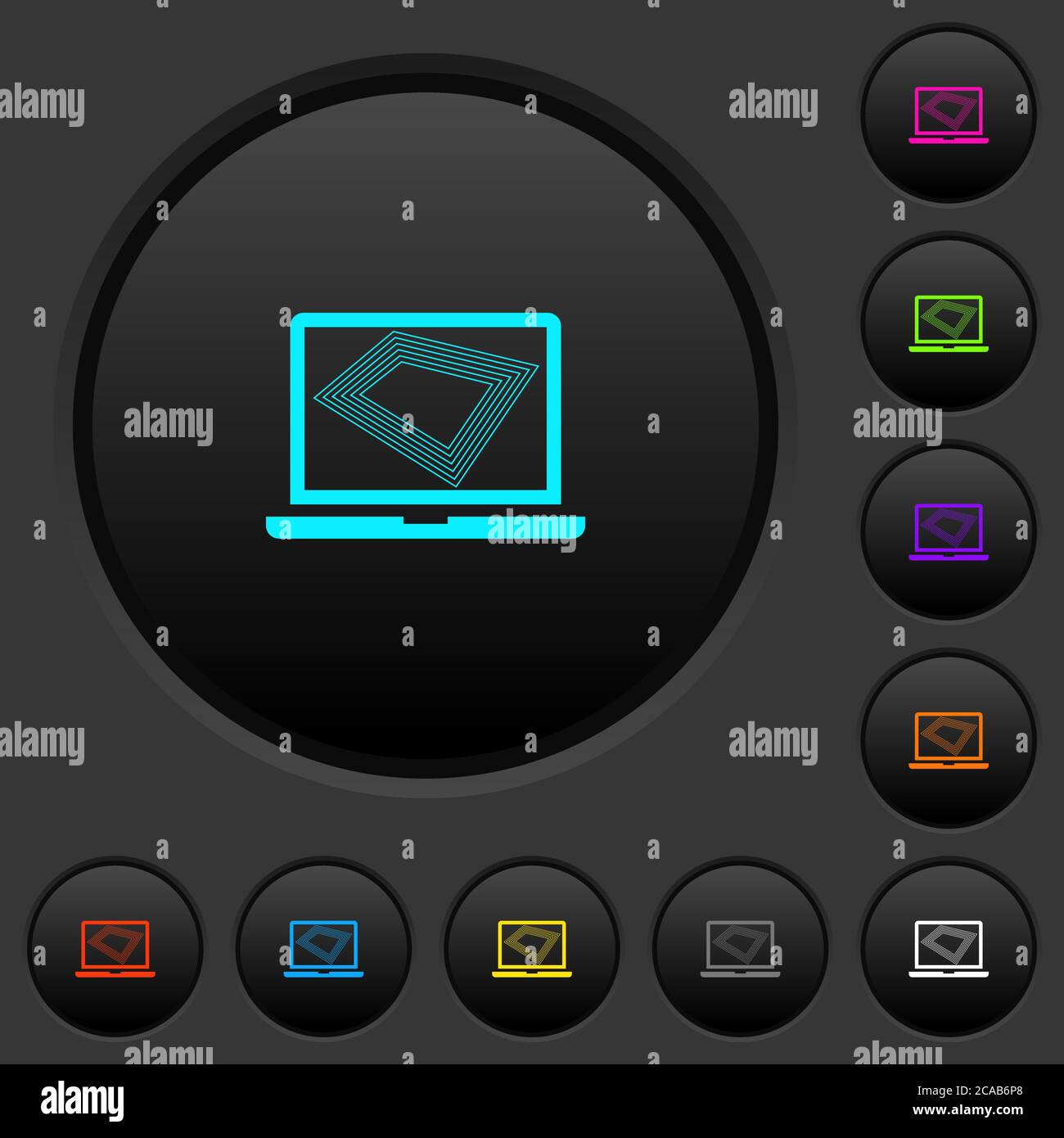 Screen saver on laptop dark push buttons with vivid color icons on dark ...