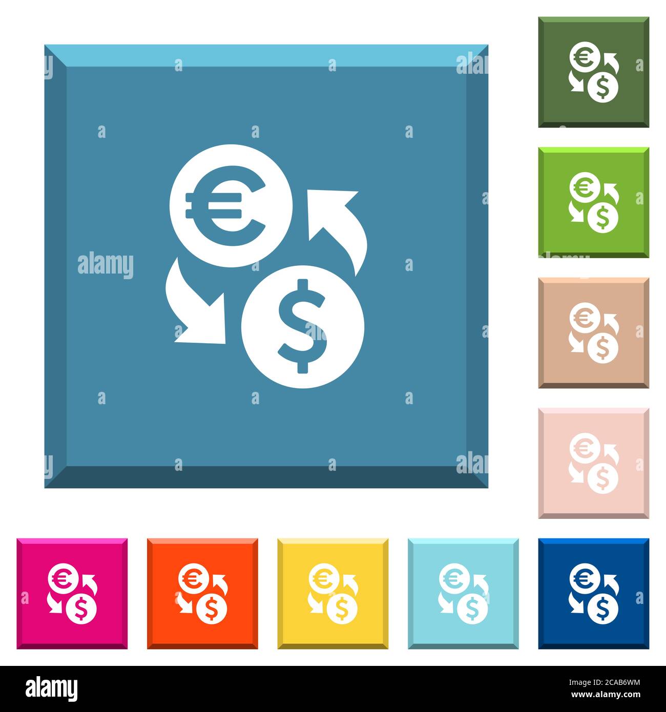 Dollar Euro money exchange white icons on edged square buttons in ...
