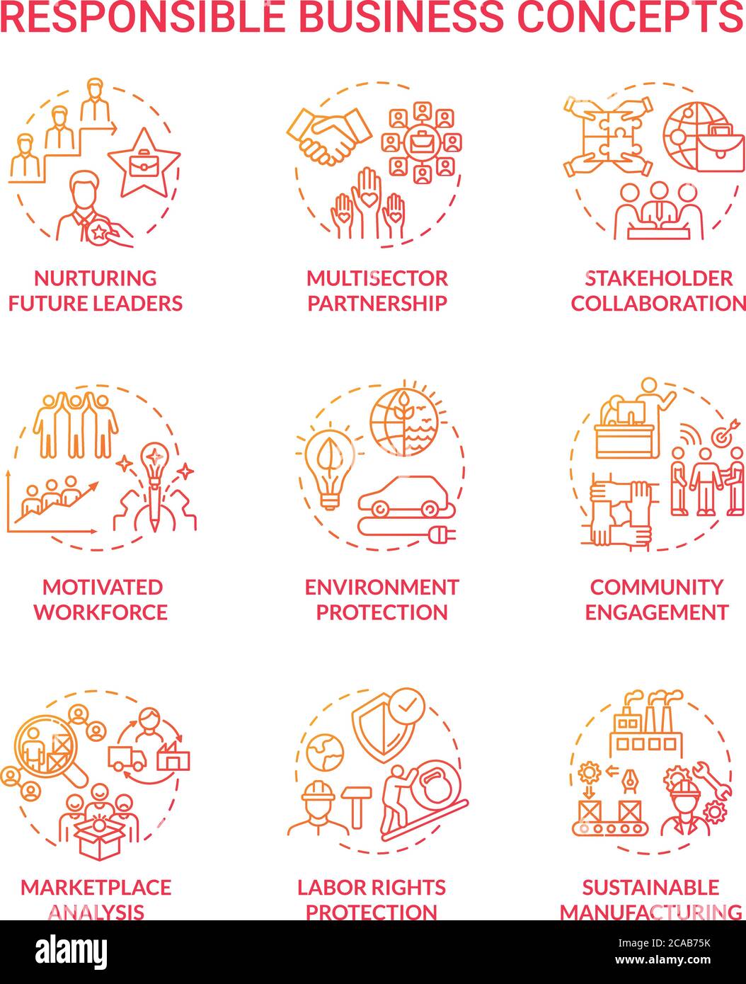 Responsible business red gradient concept icons set. Nurture future ...