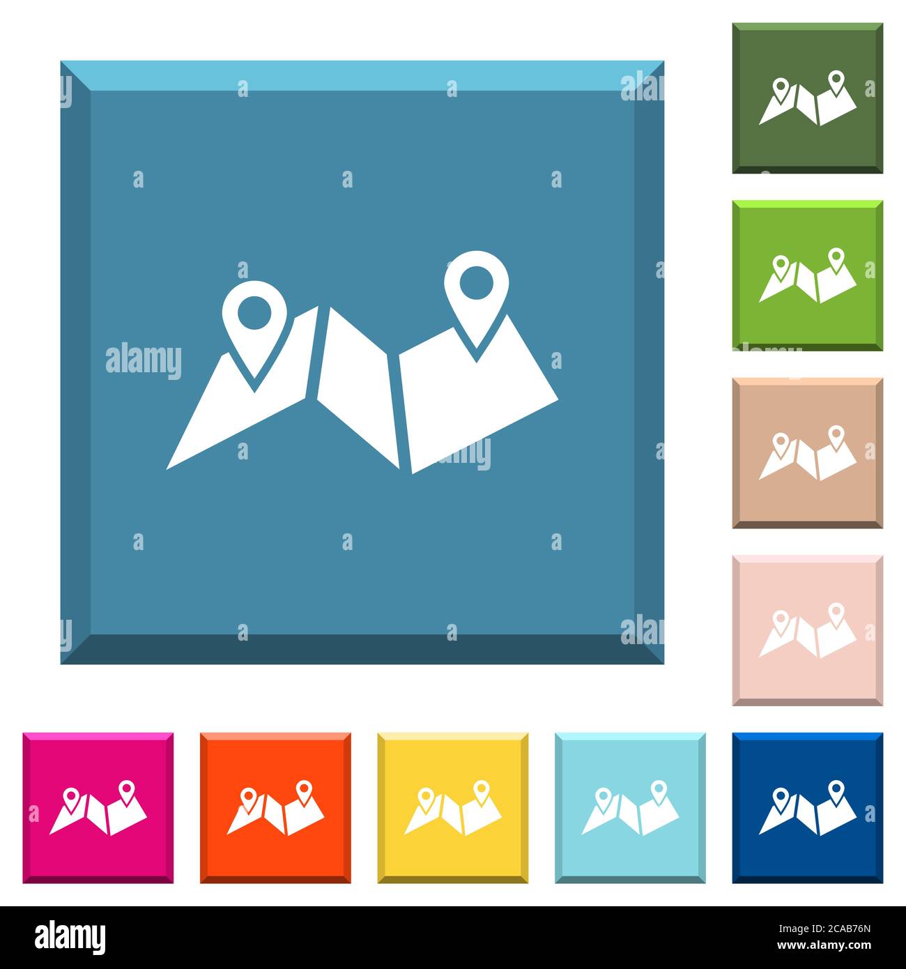 Route plan white icons on edged square buttons in various trendy colors ...