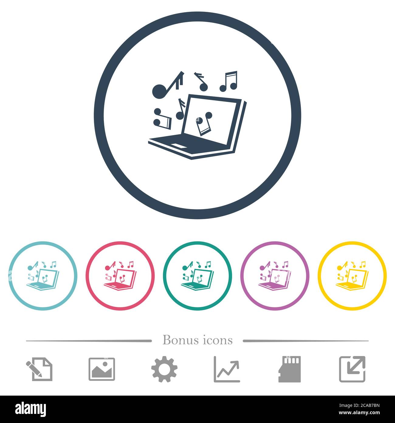 Laptop with music symbols flat color icons in round outlines. 6 bonus ...