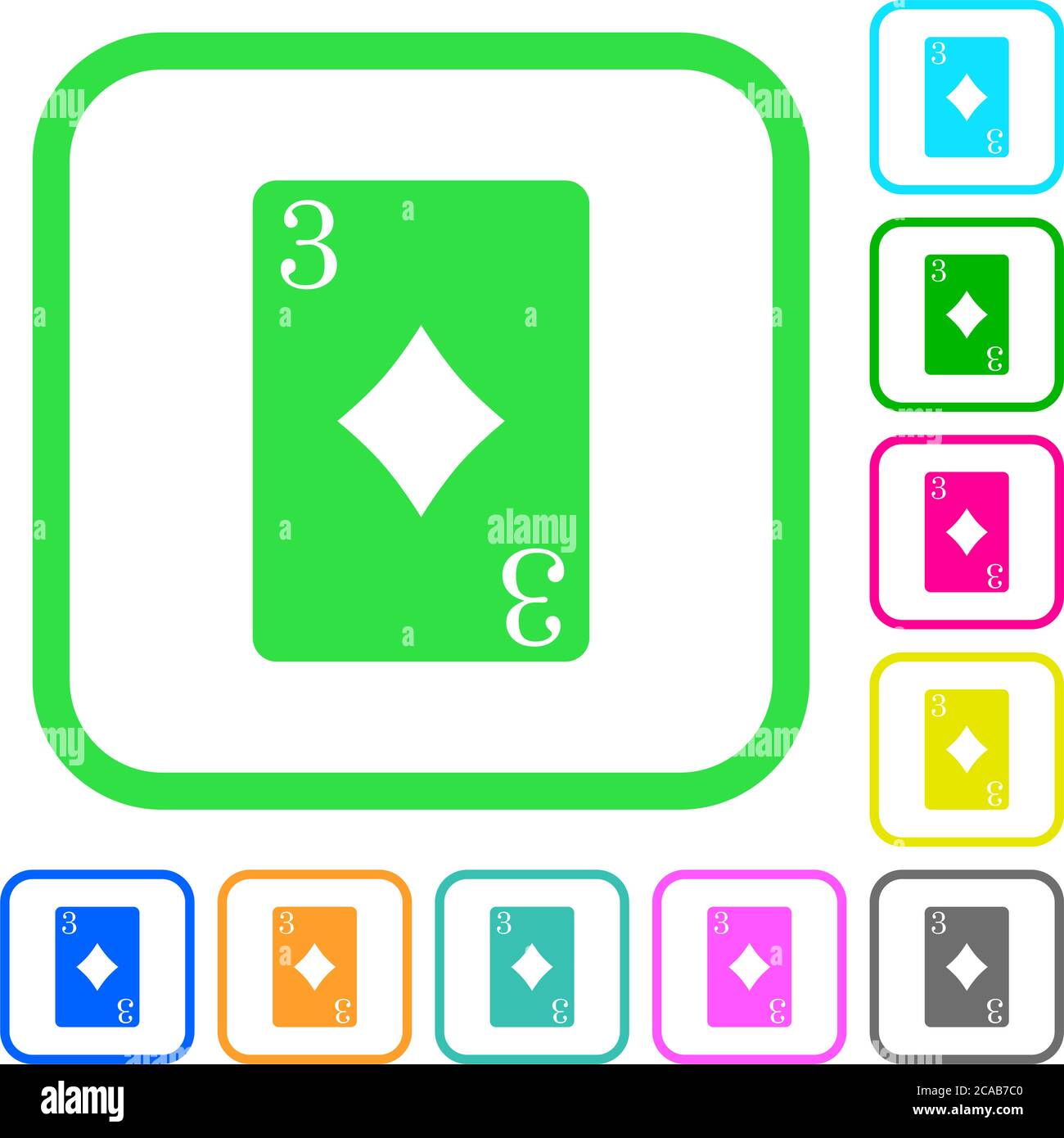 Three of diamonds card vivid colored flat icons in curved borders on ...