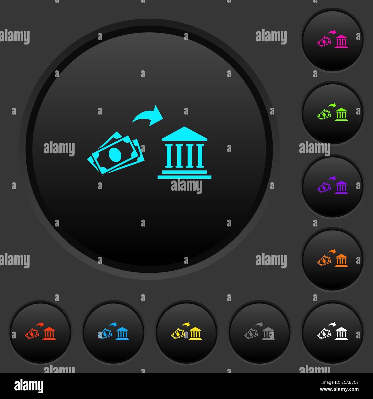 Cash deposit to bank dark push buttons with vivid color icons on dark ...